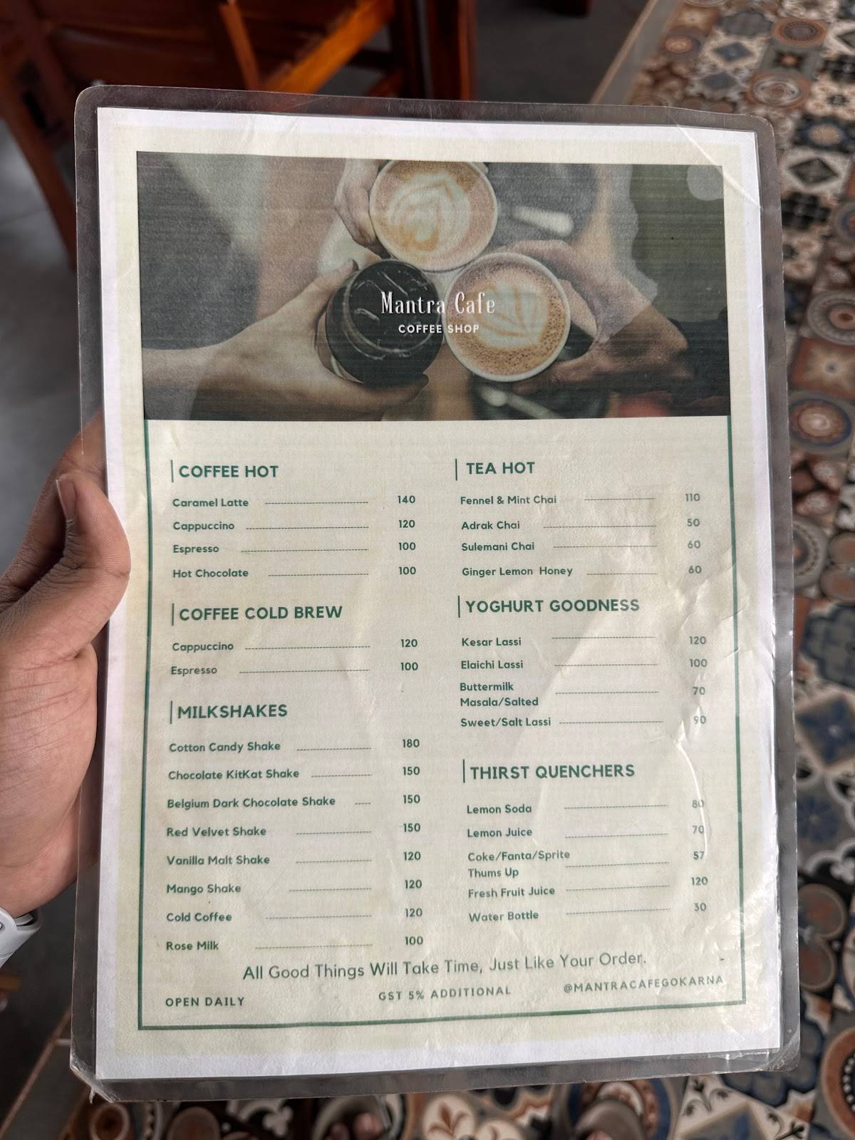 Menu at Mantra Cafe, Gokarna