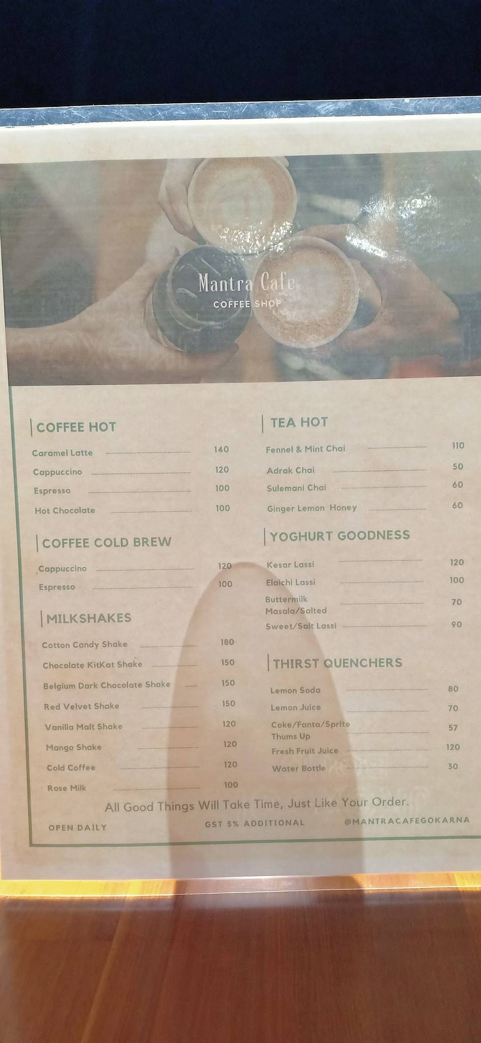 Menu at Mantra Cafe, Gokarna