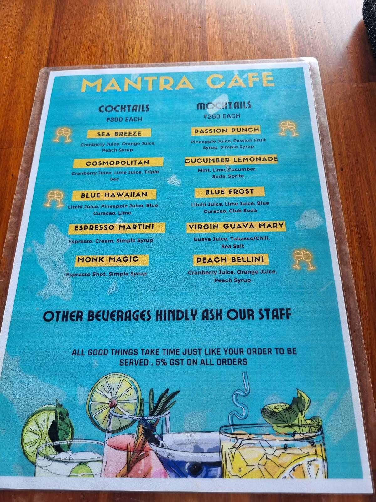Menu at Mantra Cafe, Gokarna
