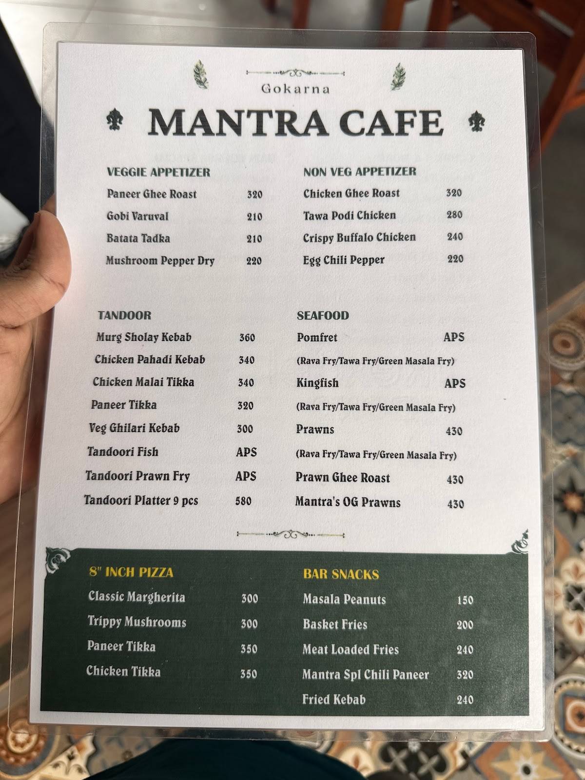 Menu at Mantra Cafe, Gokarna