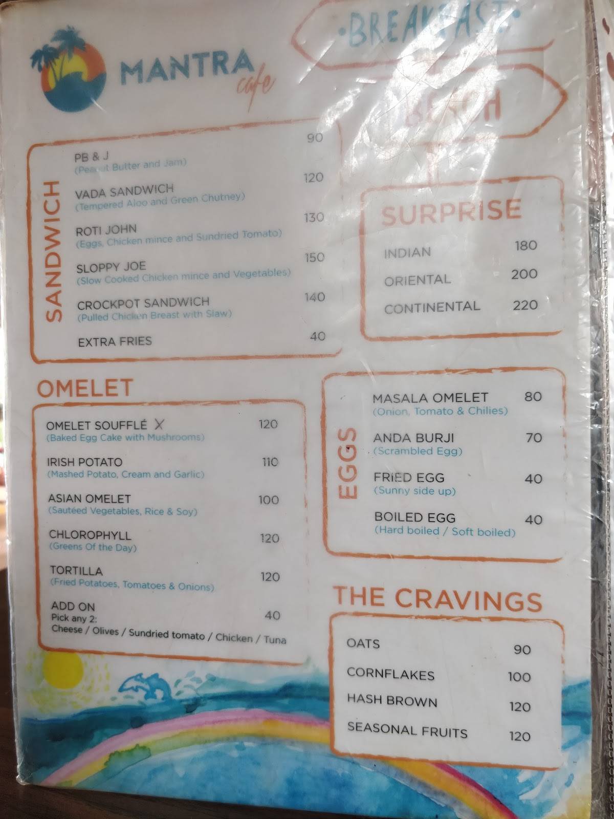 Menu at Mantra Cafe, Gokarna