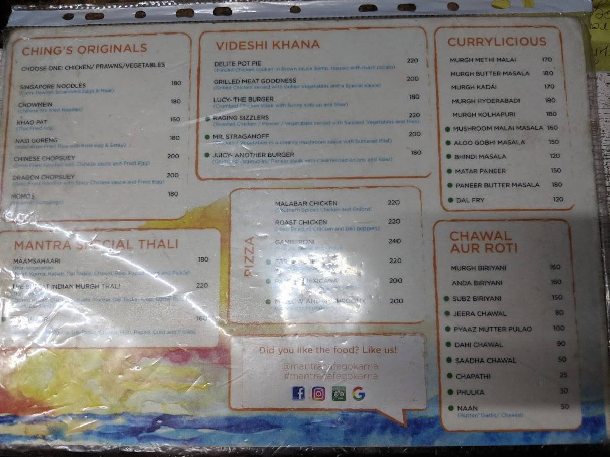 Menu at Mantra Cafe, Gokarna