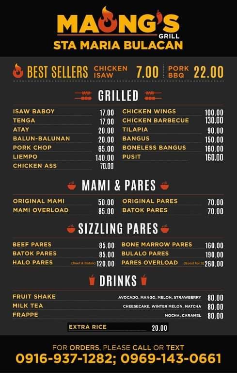 Menu at Maong's Grill Sta.Maria Bulacan restaurant, Santa Maria