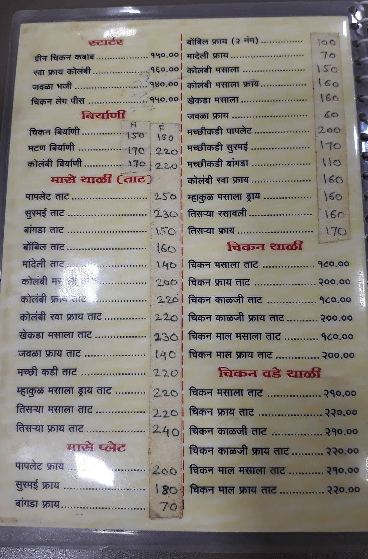 Menu at Marathi Khanawal, Mumbai