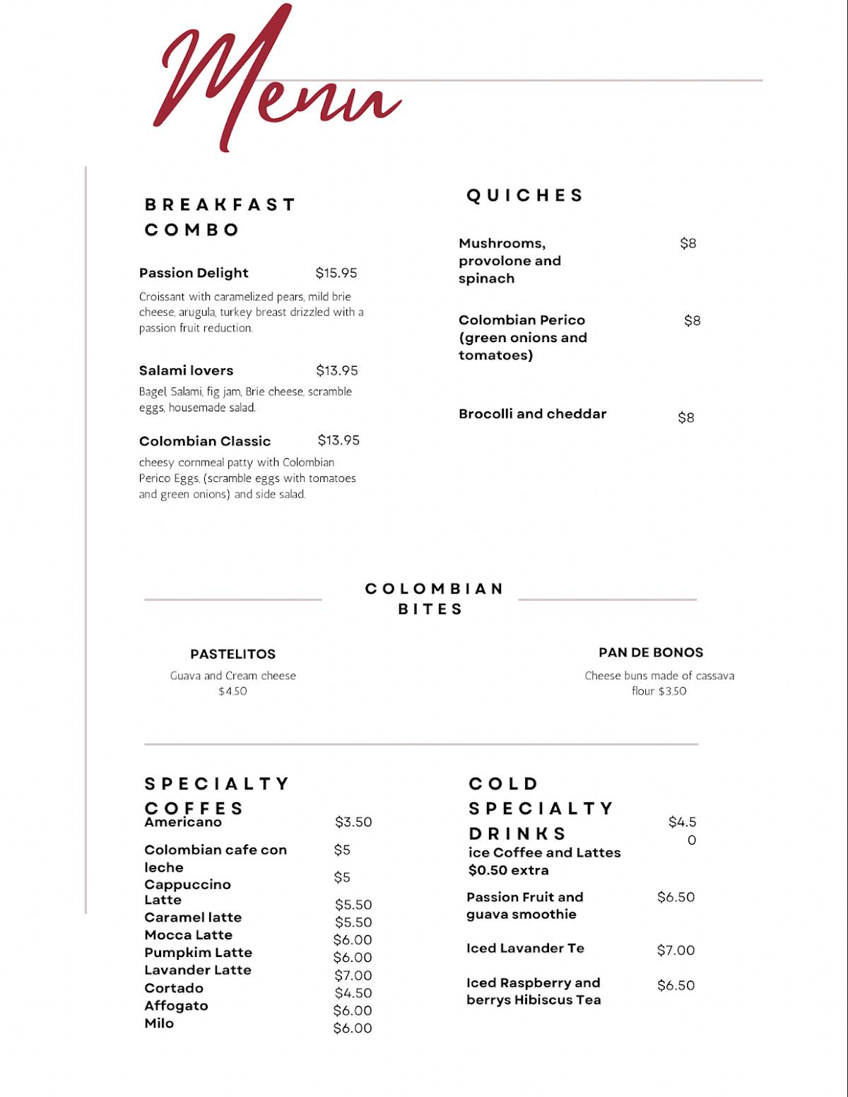 Menu at Margie's Cuisine cafe, USA