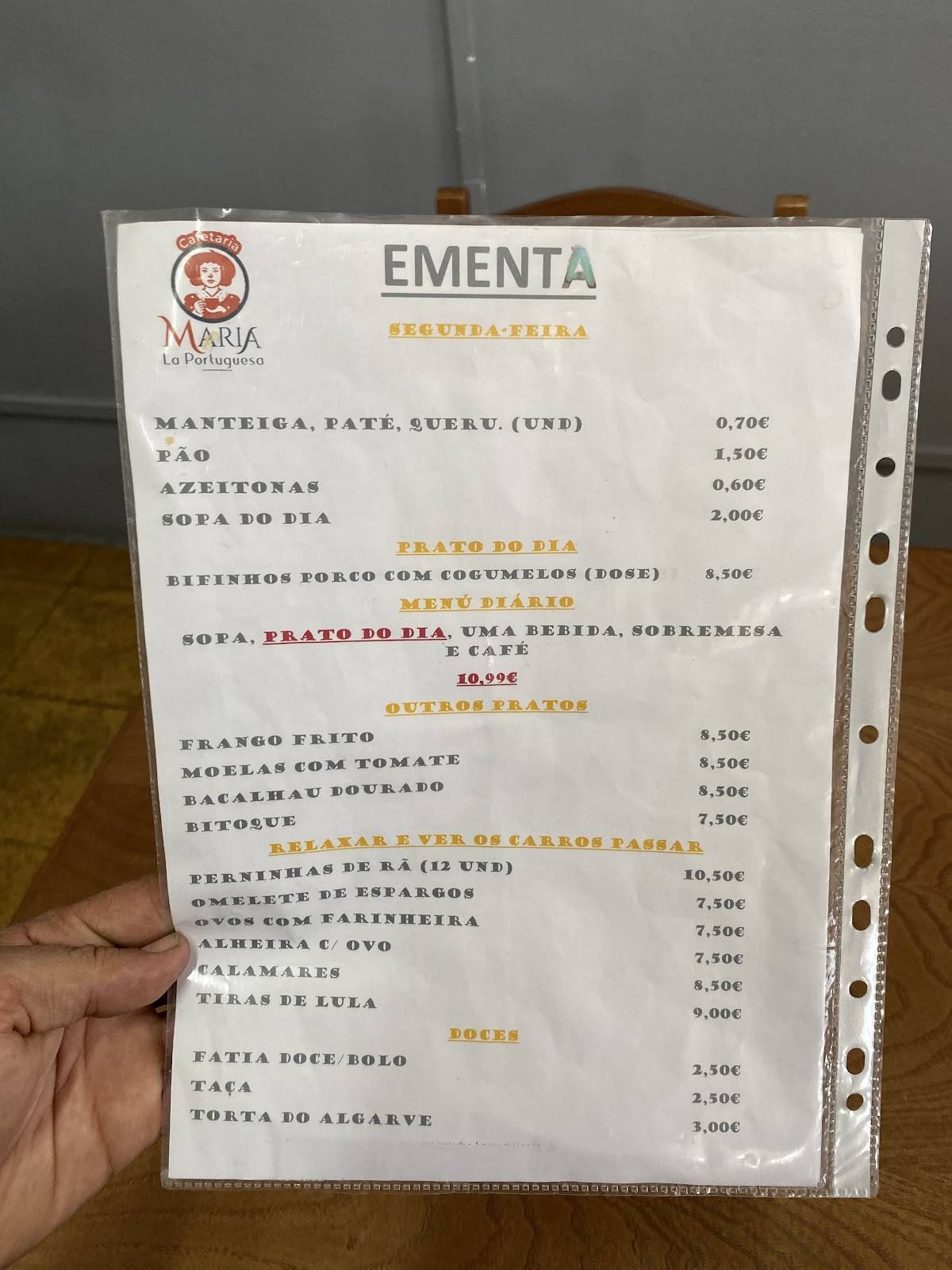 Menu em Maria La Portuguesa restaurante, Elvas
