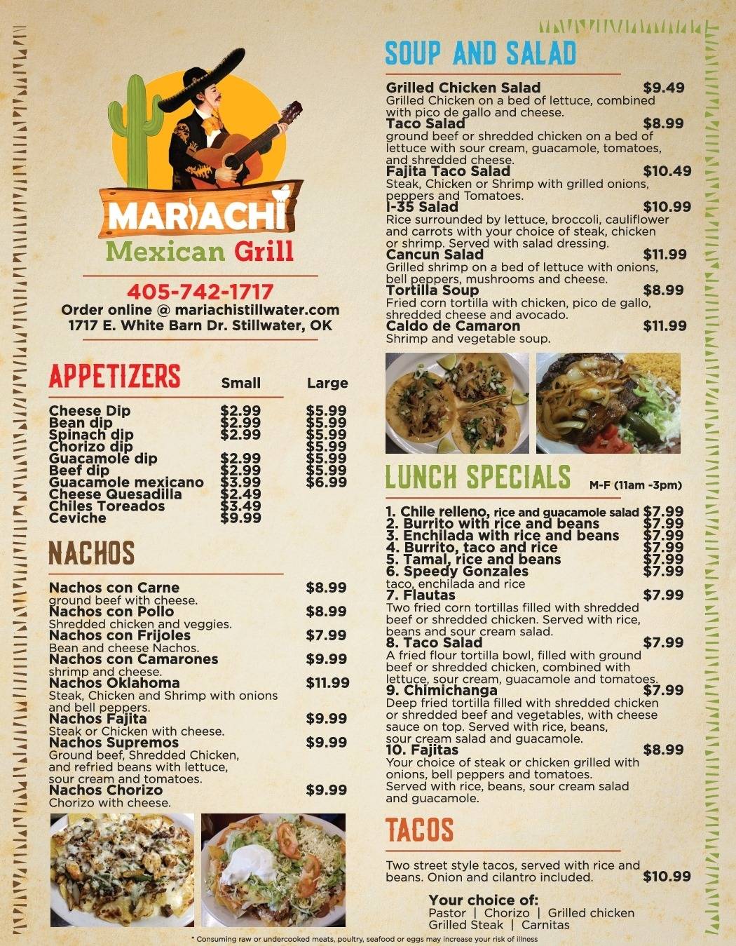 Menu at Mariachi Mexican Grill restaurant, Perry