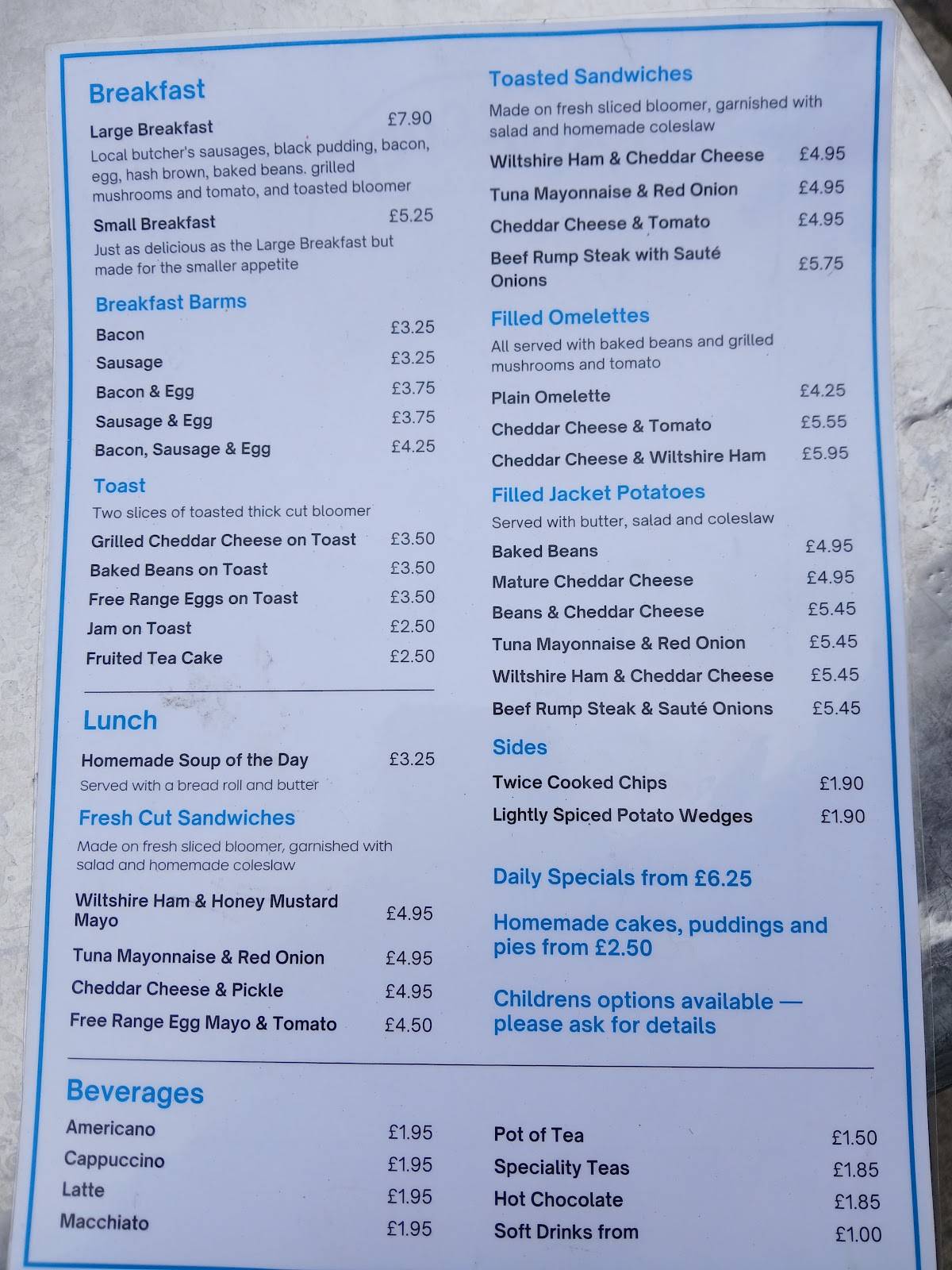 Menu at Marina Café cafe, Chorley