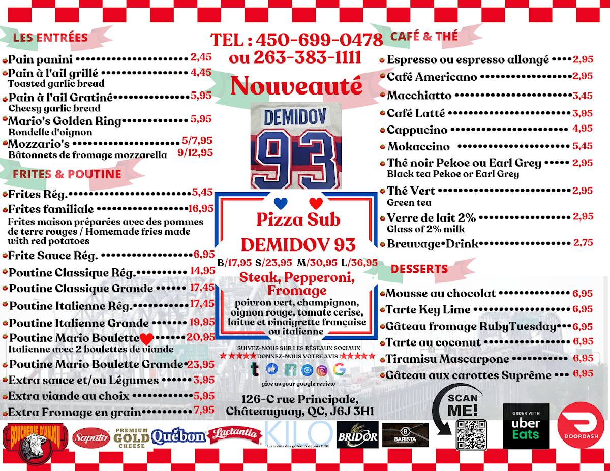Menu au Mario Boulette Pâtes & Pizzas pizzeria, Châteauguay