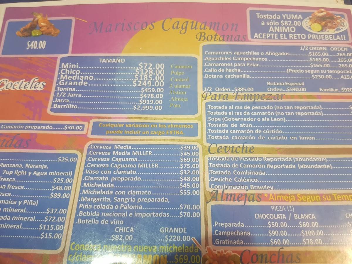 Carta del restaurante Mariscos El Caguamón, Mexicali