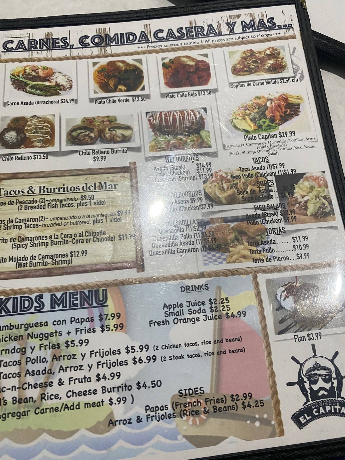 Menu at Mariscos El Capitan restaurant, Yuba City