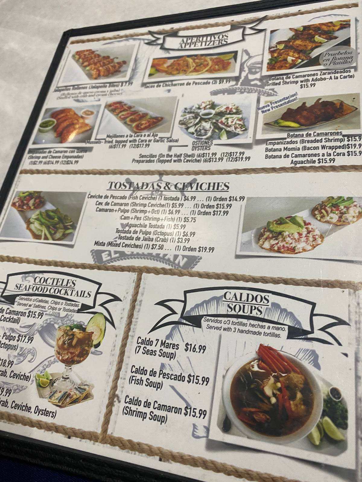Menu at Mariscos El Capitan restaurant, Yuba City