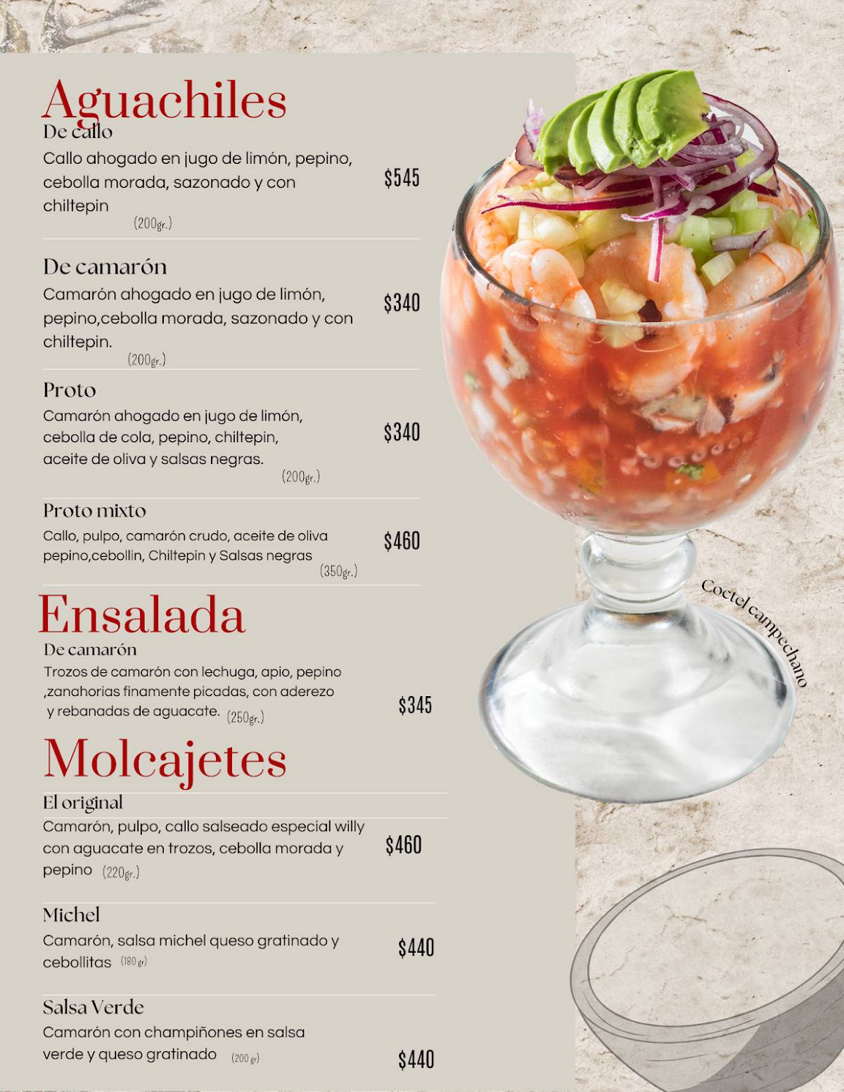 Carta del restaurante Mariscos Willy, Hermosillo, Benito Quintana 15