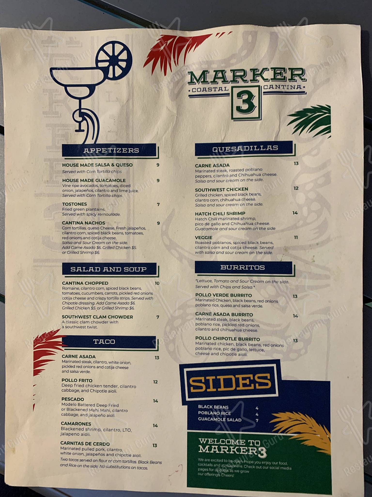 Menu at Marker 3 Coastal Cantina restaurant, Saint James City