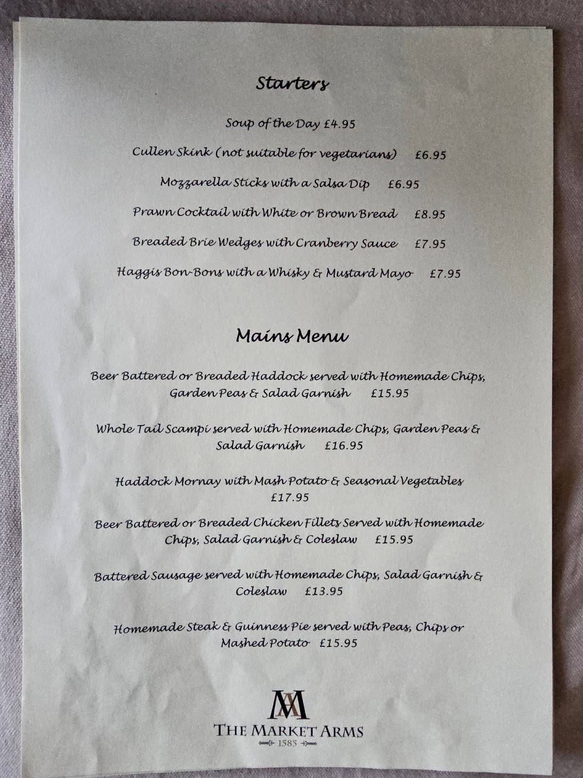 Menu at Market Arms pub & bar, Banff