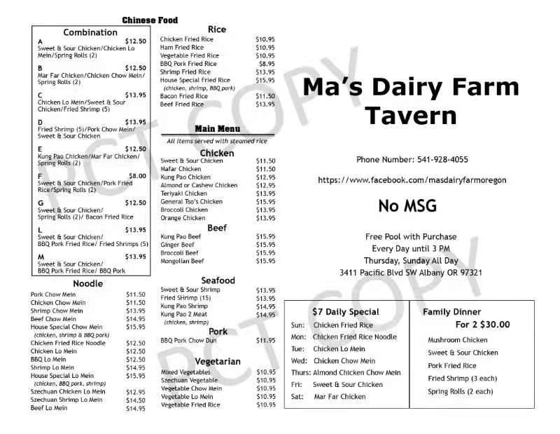 Menu at Ma’s Dairy Farm pub & bar, Albany