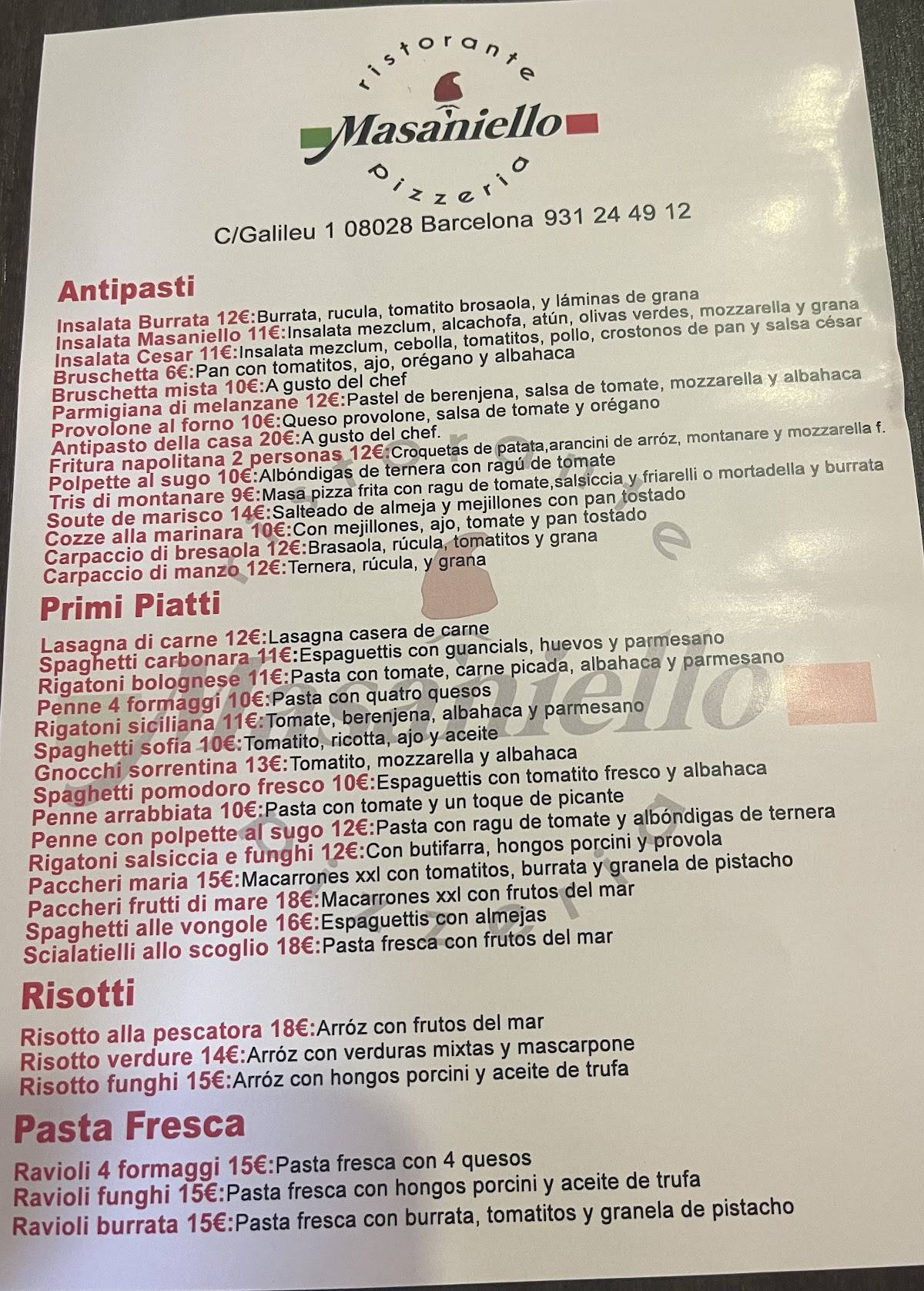 Carta de Masaniello Restaurante Pizzería, Barcelona