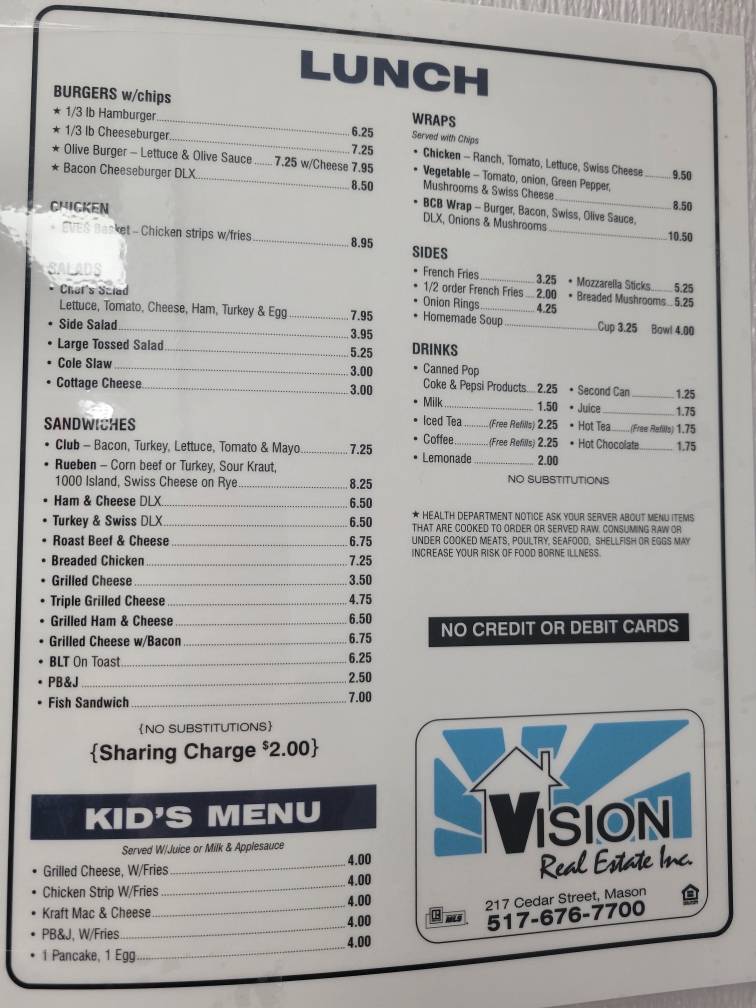 Menu at Mason Depot Diner restaurant, Mason
