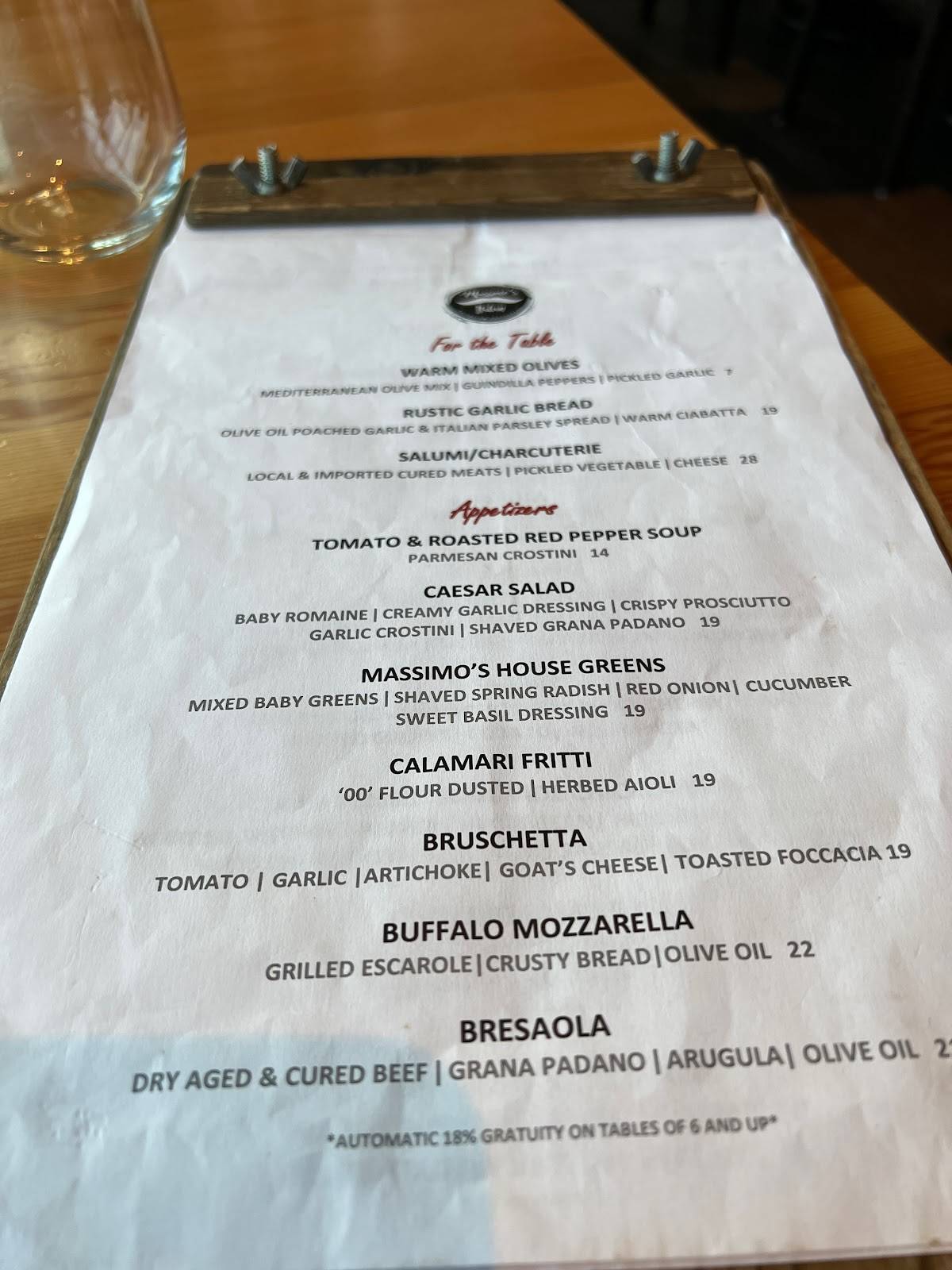 Menu at Massimo’s Italian Fallsview Restaurant, Niagara Falls