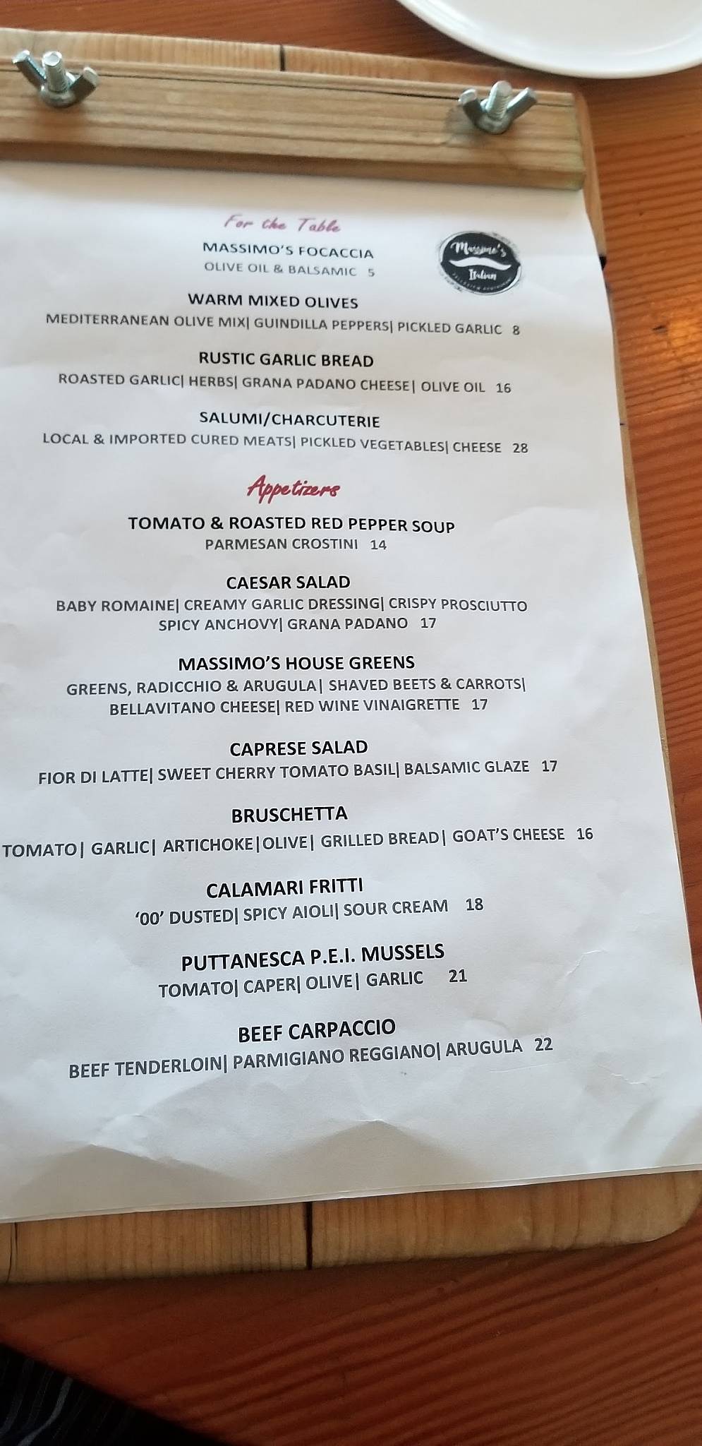 Menu at Massimo’s Italian Fallsview Restaurant, Niagara Falls