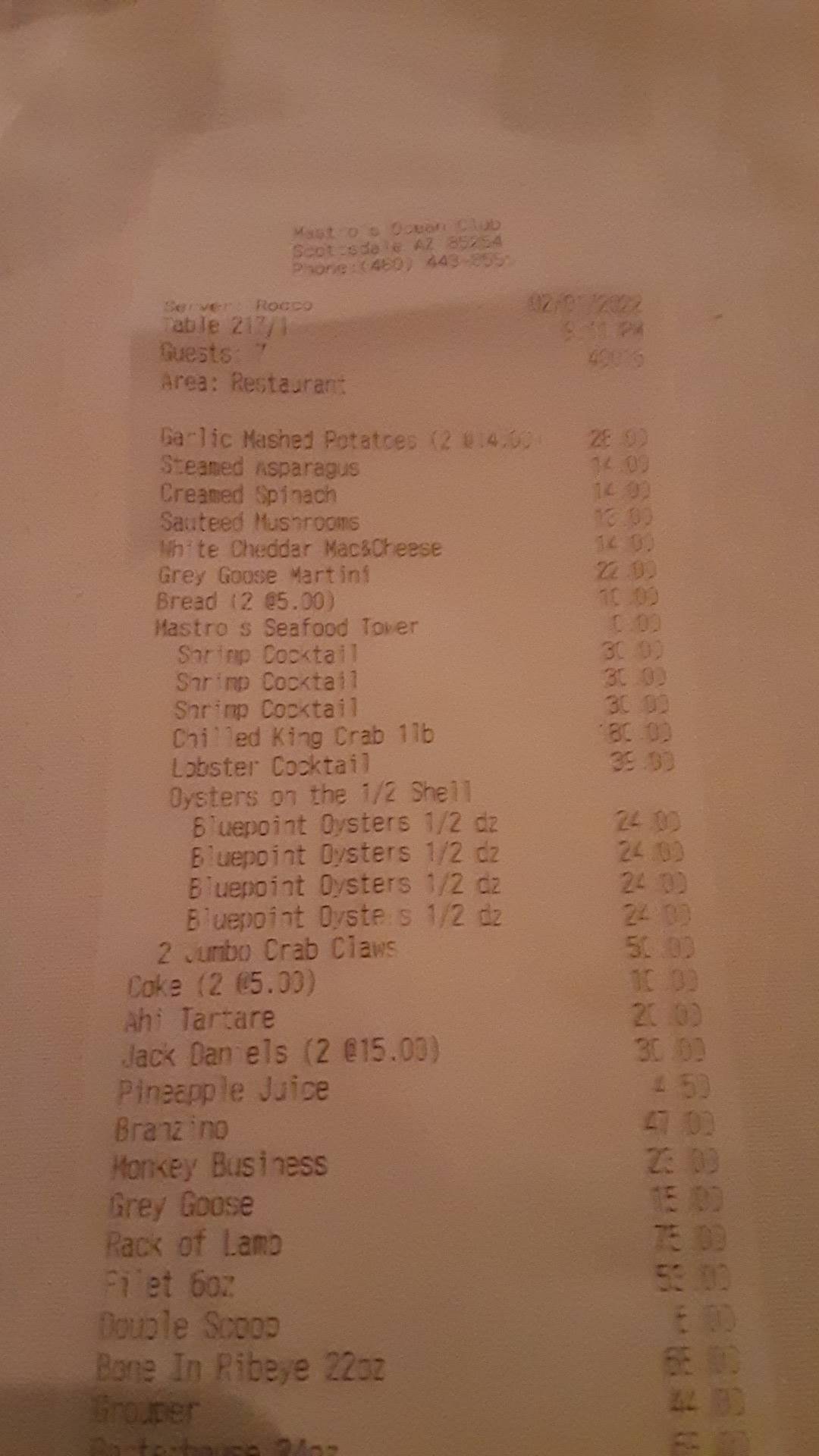 Menu at Mastro's Ocean Club, Scottsdale