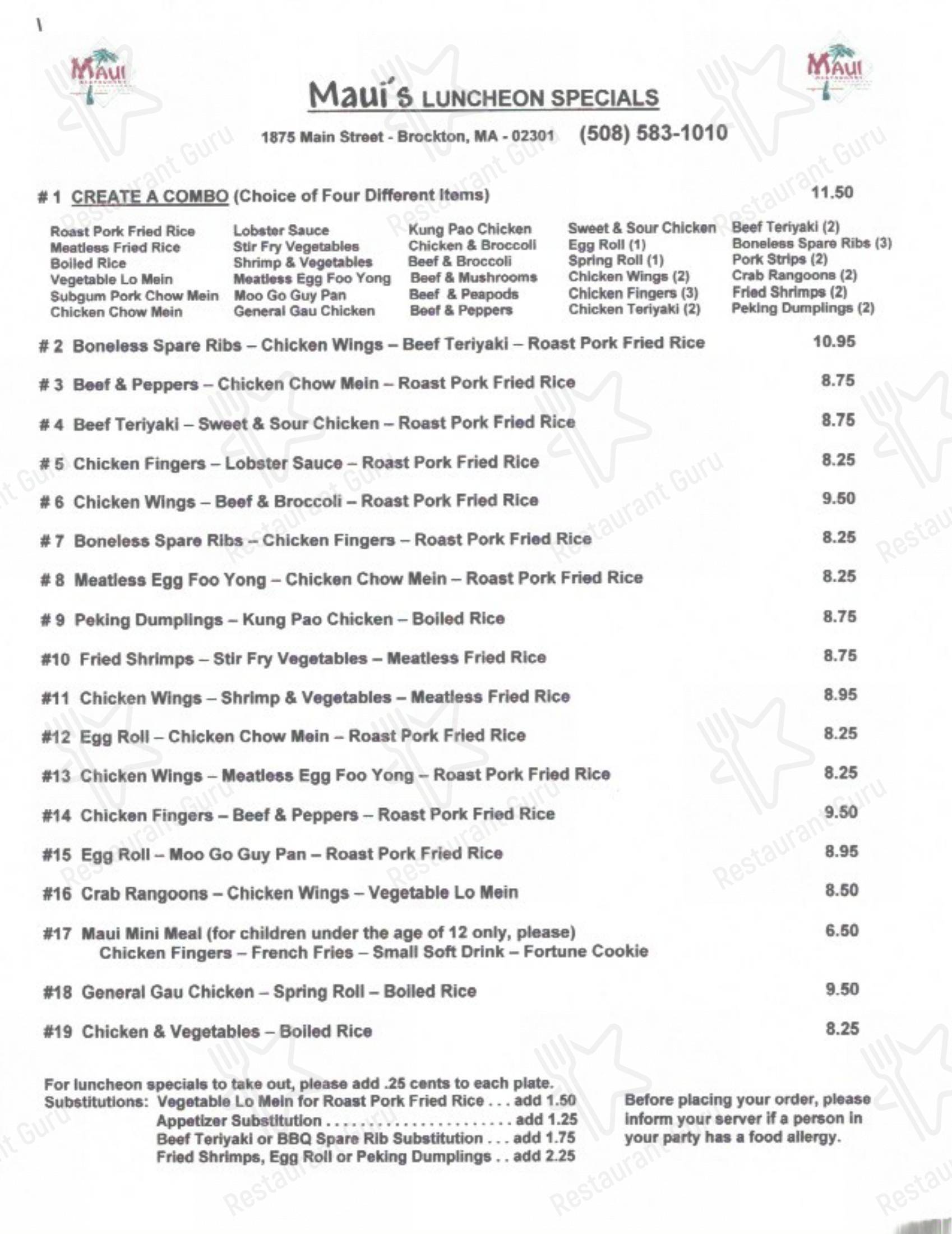 Menu at Maui Restaurant, Brockton