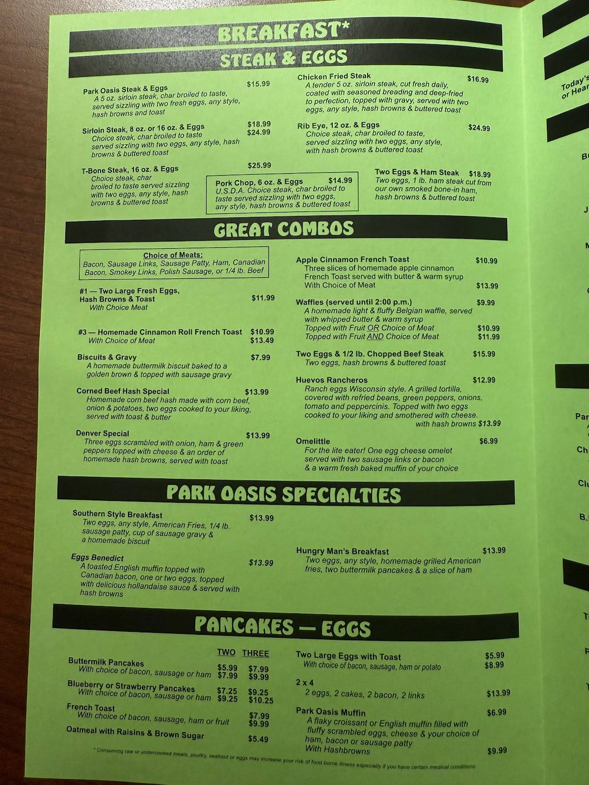 Menu at Mauston Park Oasis Restaurant & Bakery, Mauston, Gateway Ave