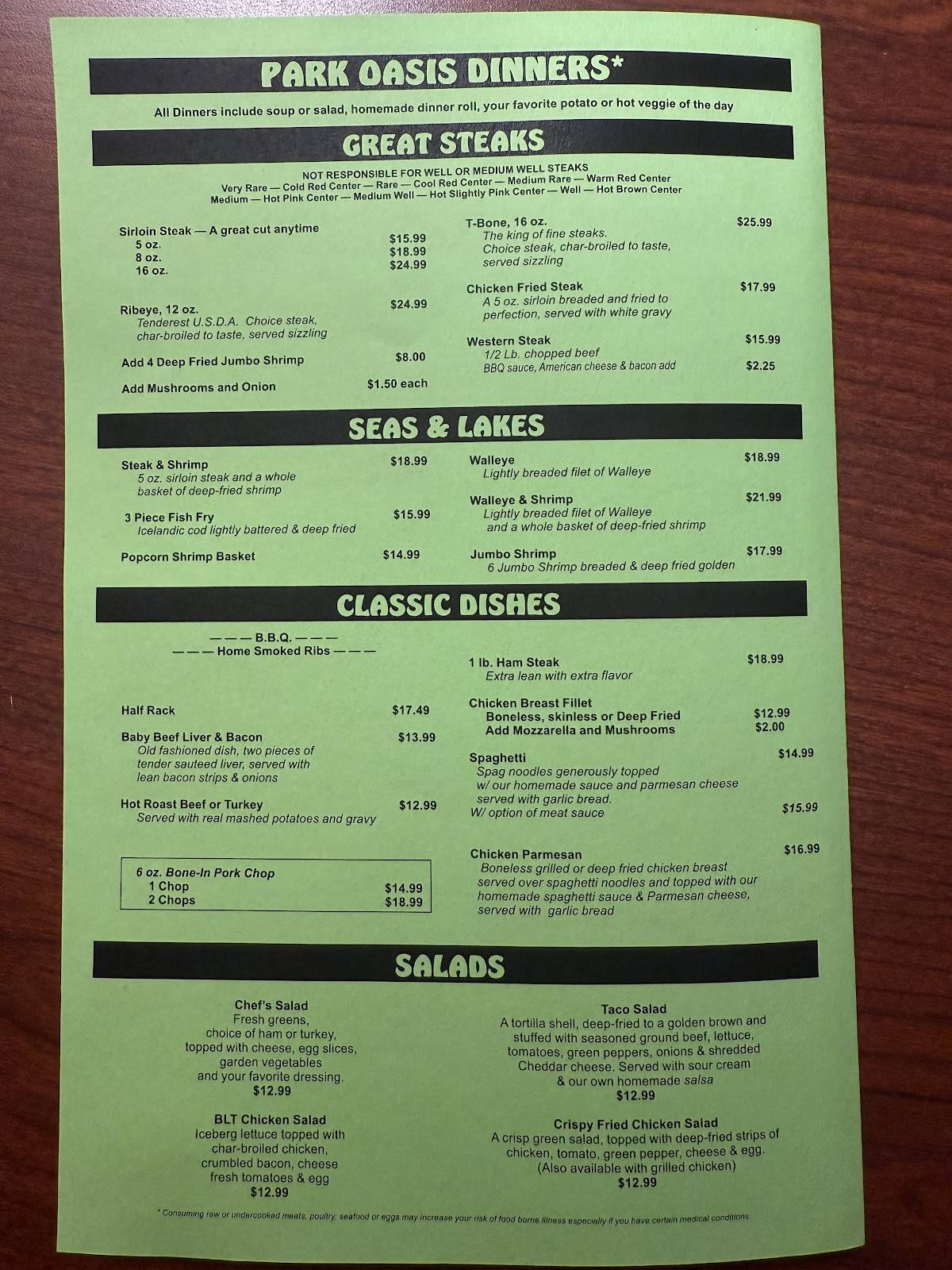 Menu at Mauston Park Oasis Restaurant & Bakery, Mauston, Gateway Ave