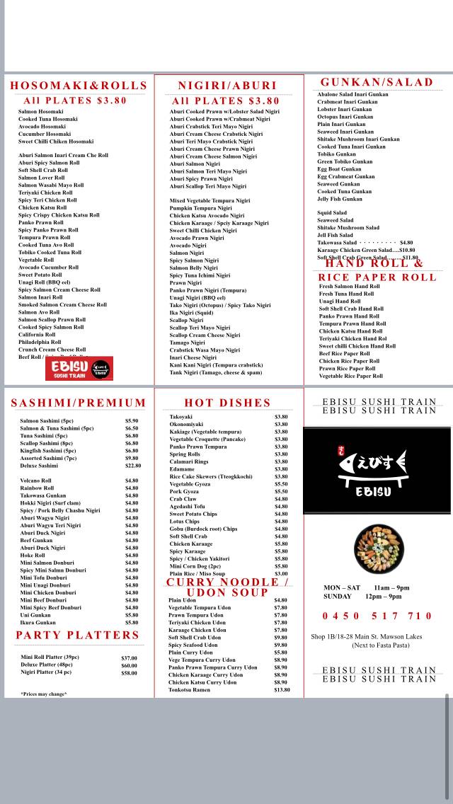 Menu at Ebisu Sushi restaurant, Mawson Lakes