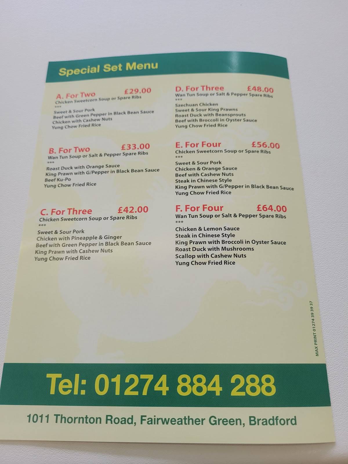 Menu at Maxim's fast food, Bradford