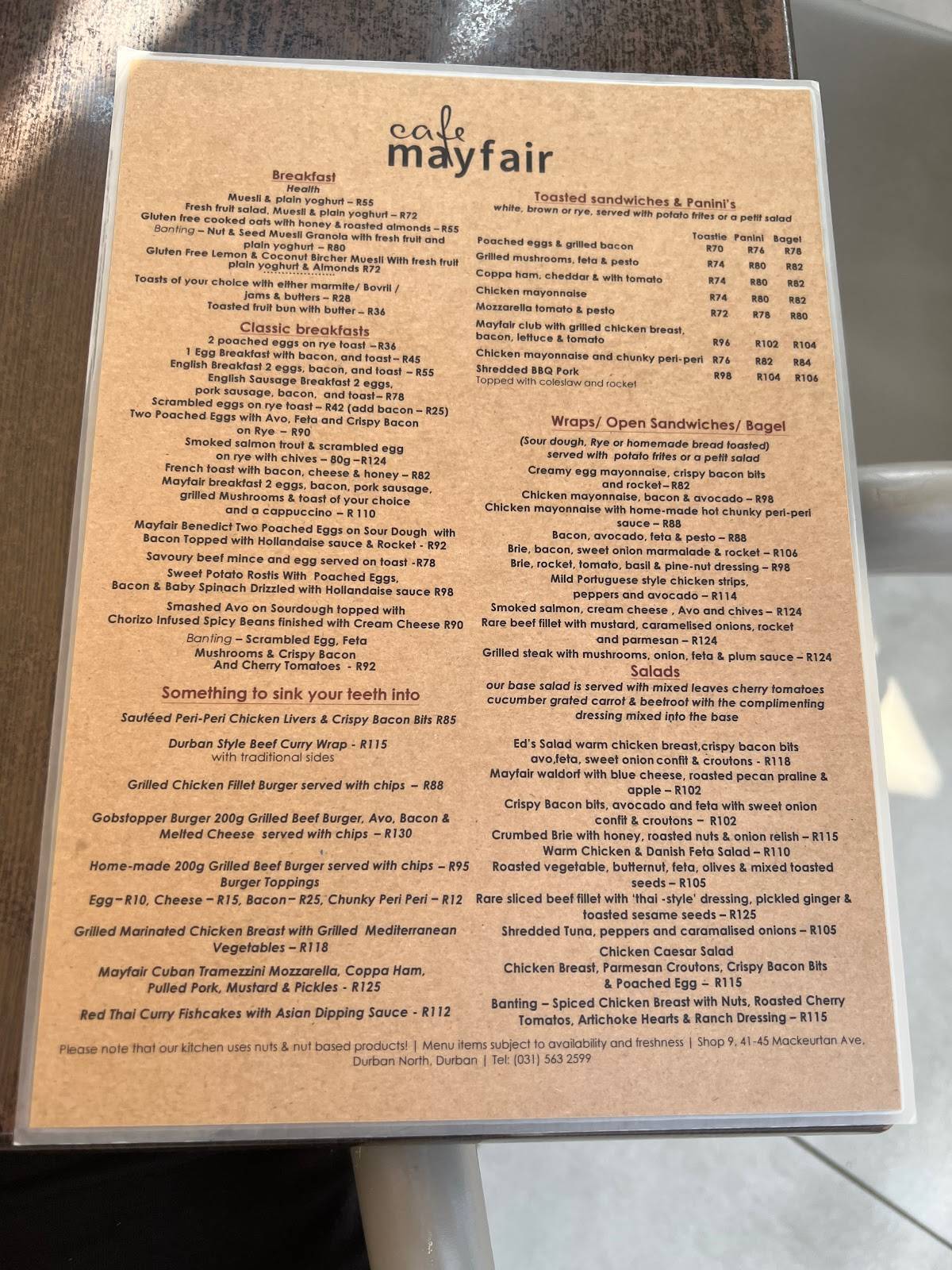 Menu at Mayfair Cafe., Durban
