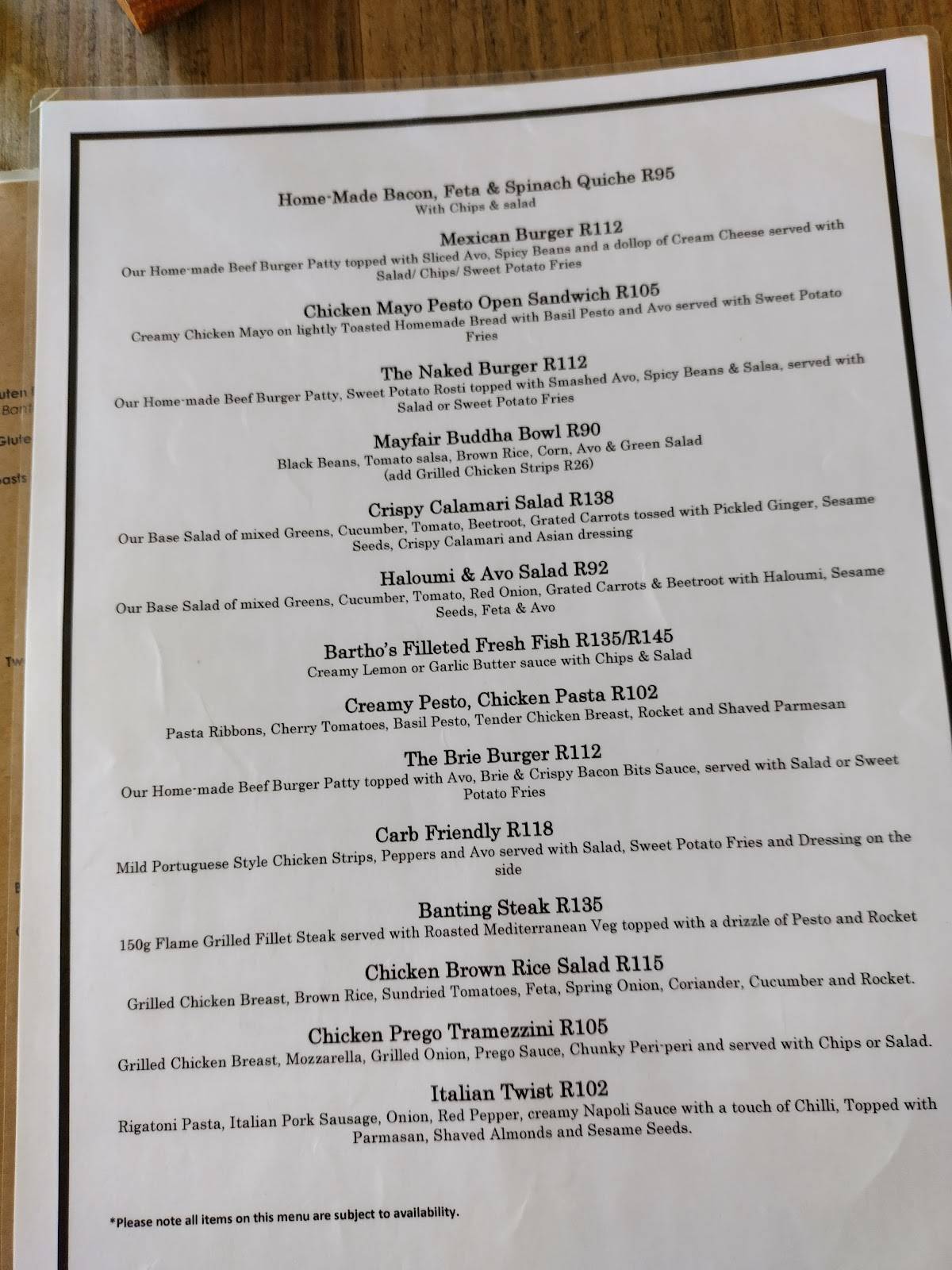 Menu at Mayfair Cafe., Durban