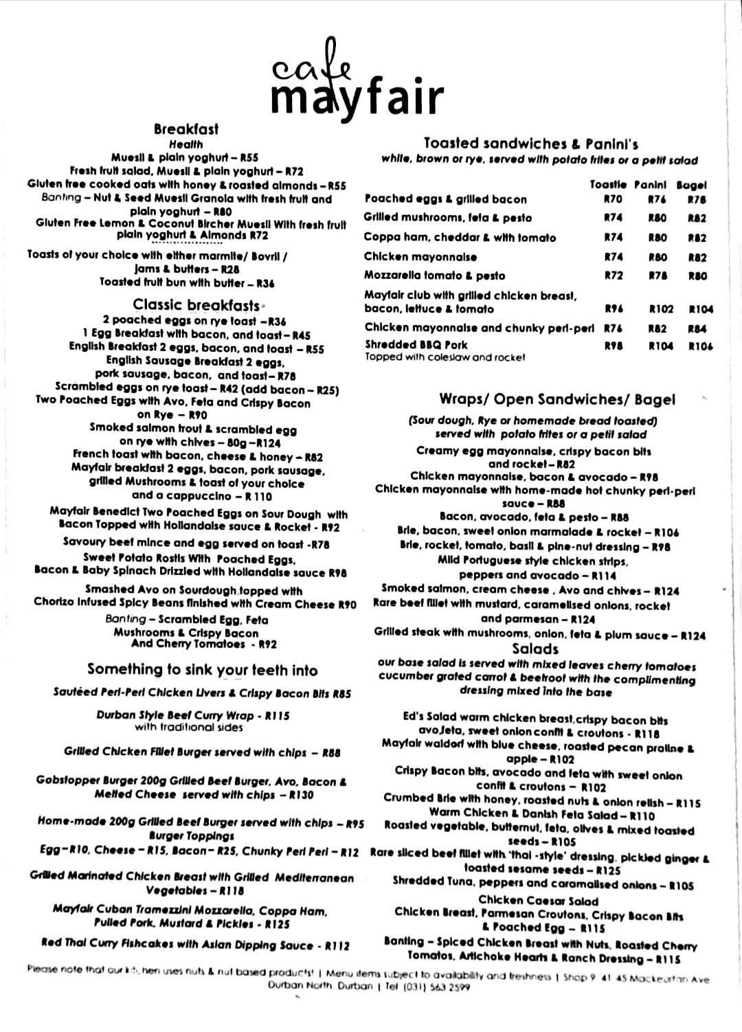 Menu at Mayfair Cafe., Durban
