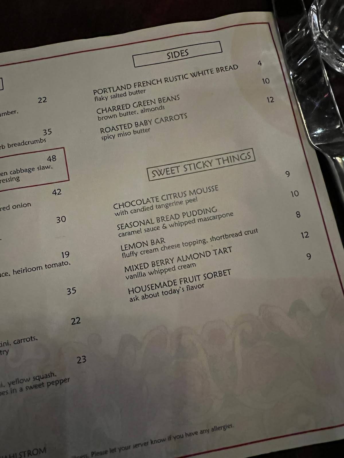 Menu at Mayrose restaurant, Portland