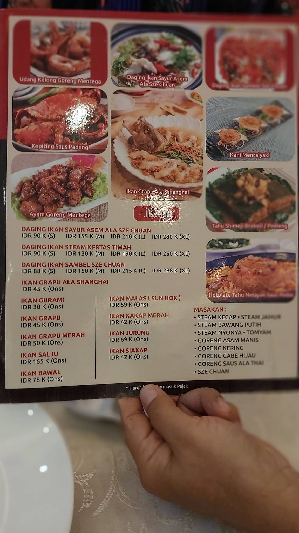 Menu at Sari Laut Nelayan restaurant, Medan, Jl. Putri Merak Jingga C-D ...
