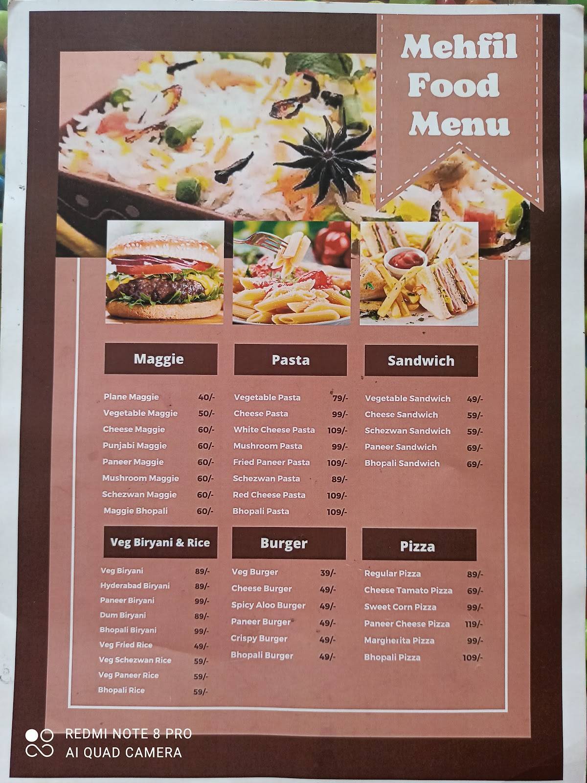 Menu at Mehfil cafe, Bhopal