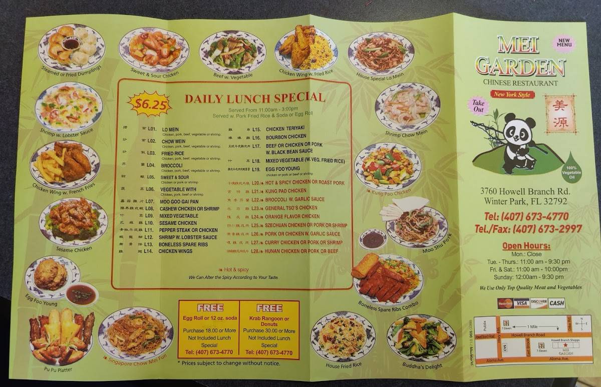 Menu at Mei Garden restaurant, Winter Park