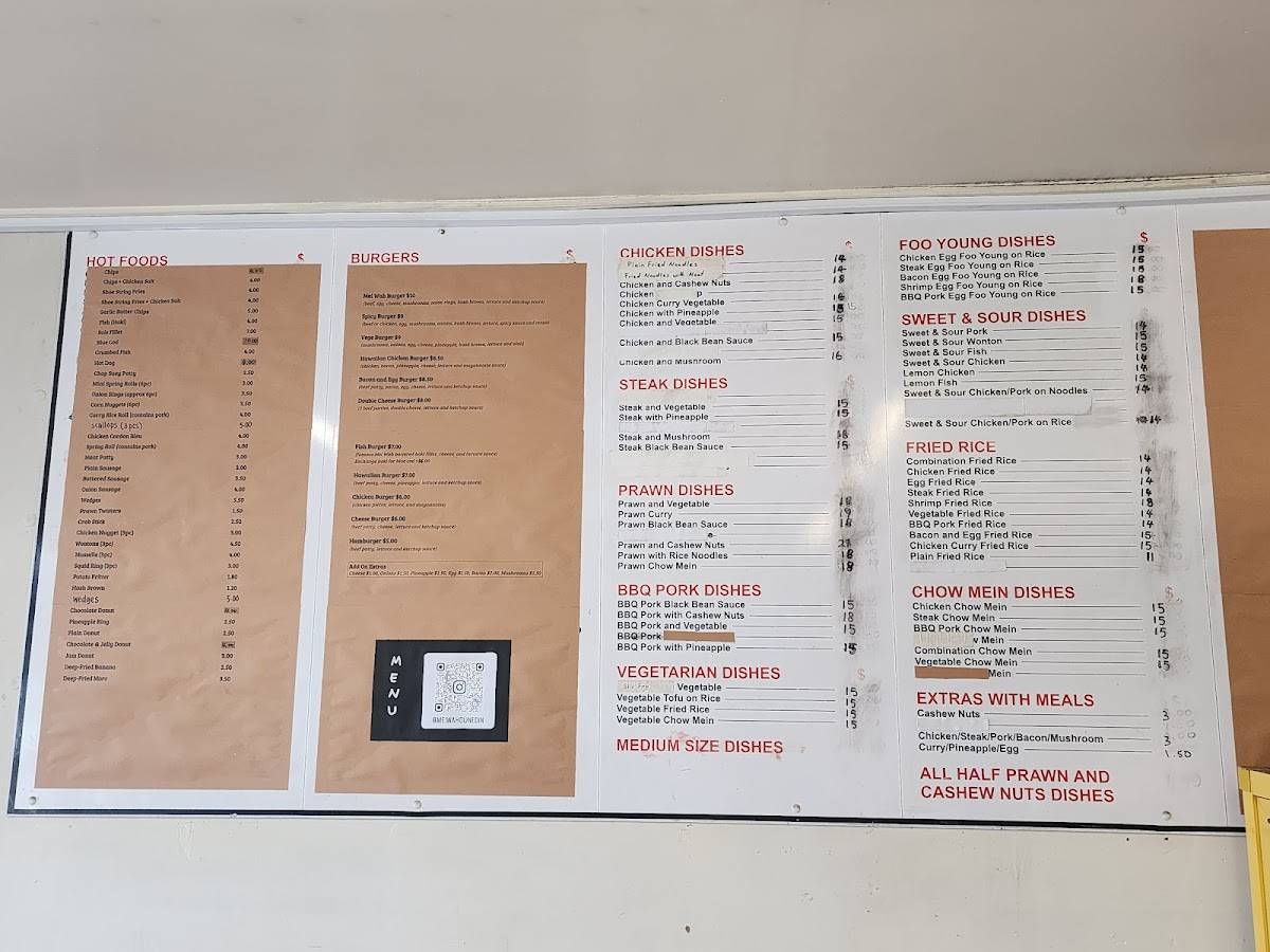 Menu at Mei Wah Takeaways fast food, Dunedin