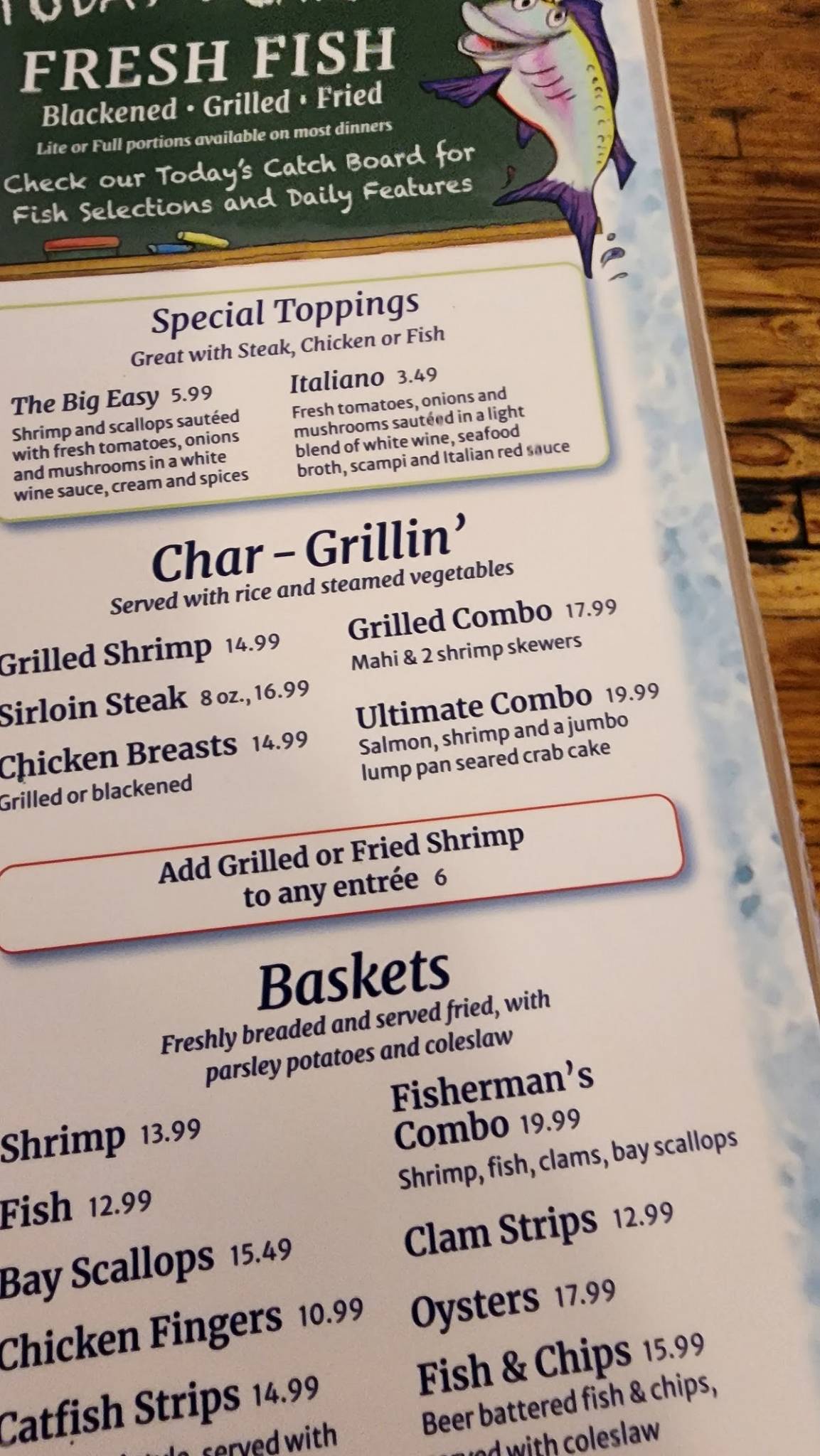 Menu at Shells of Melbourne restaurant, Melbourne