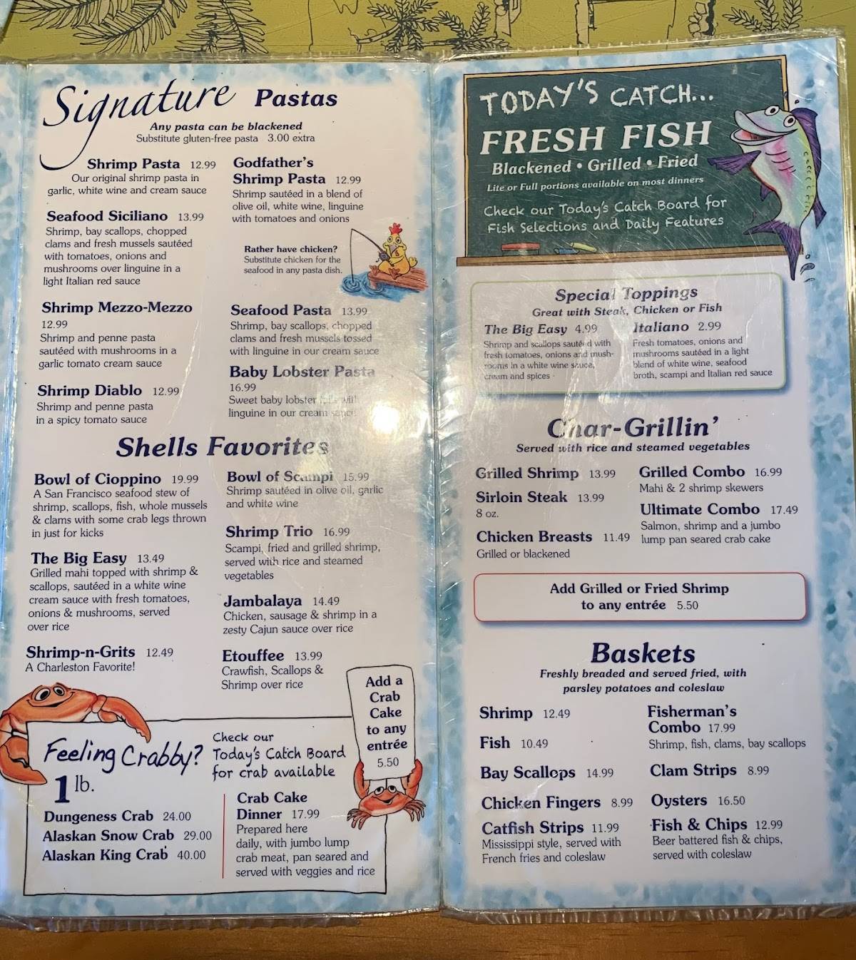Menu at Shells of Melbourne restaurant, Melbourne
