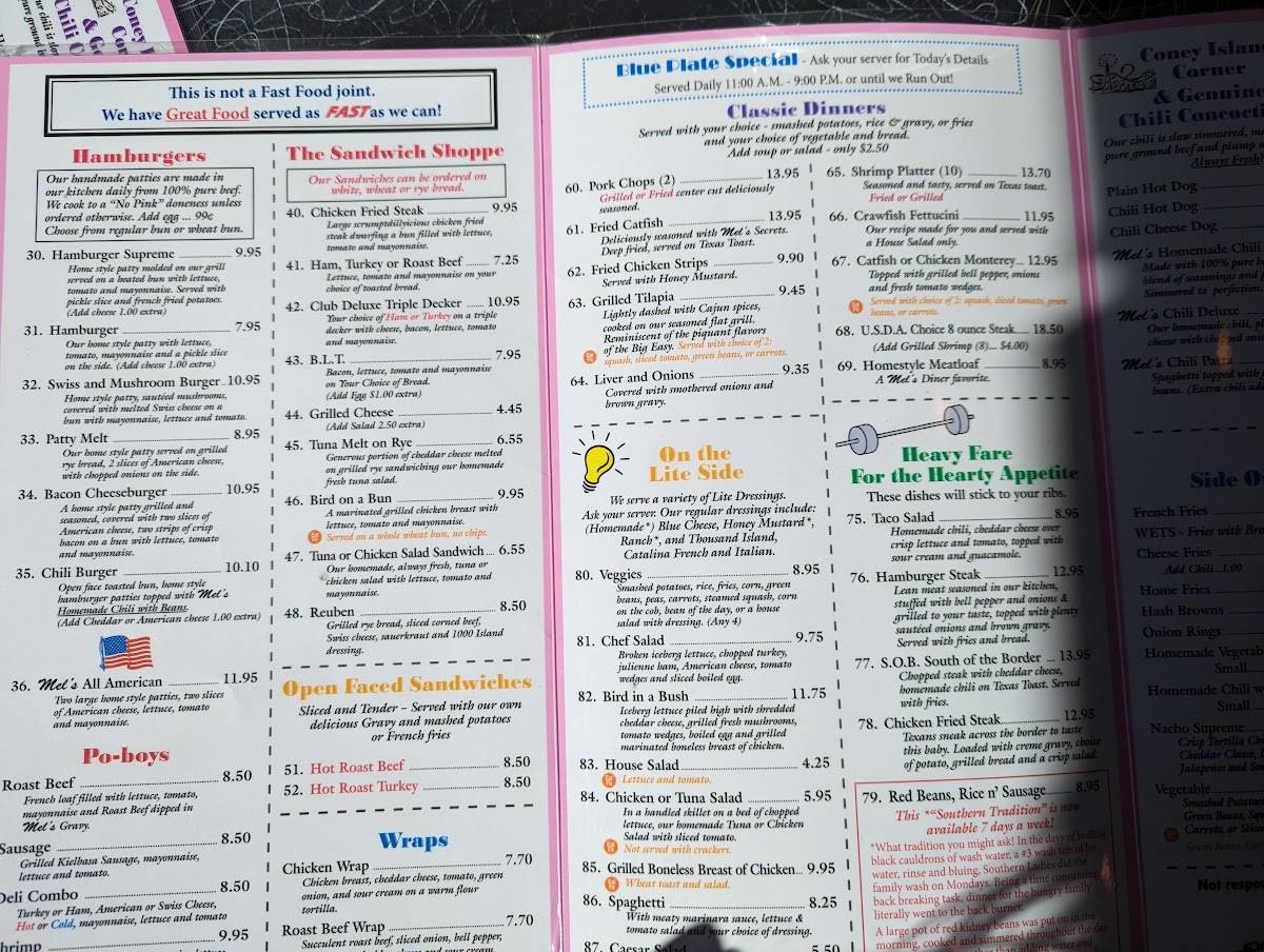 Menu at Mel's Diner restaurant, Broussard, Evangeline Thruway