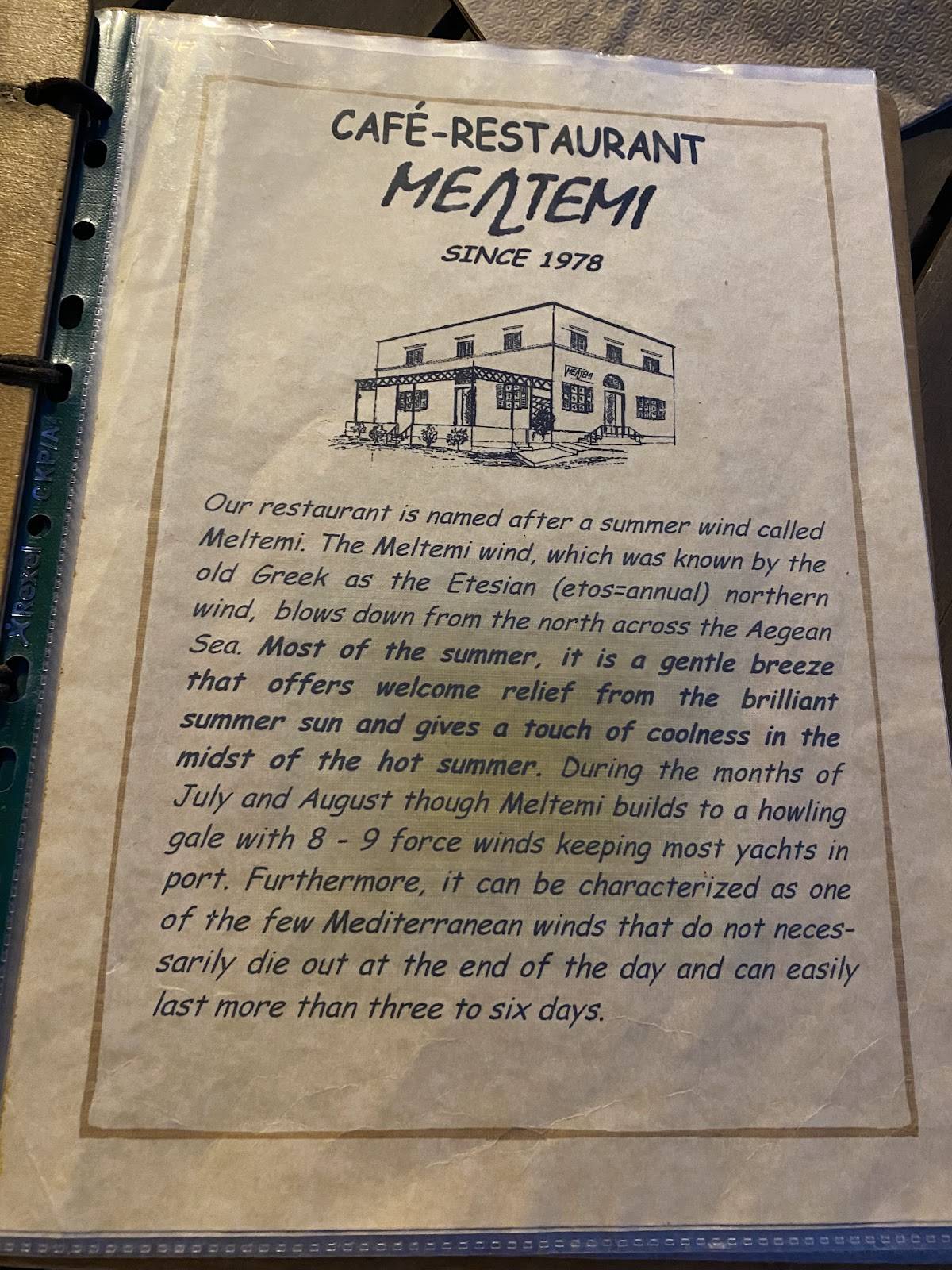 Menu at Meltemi, Rhodes