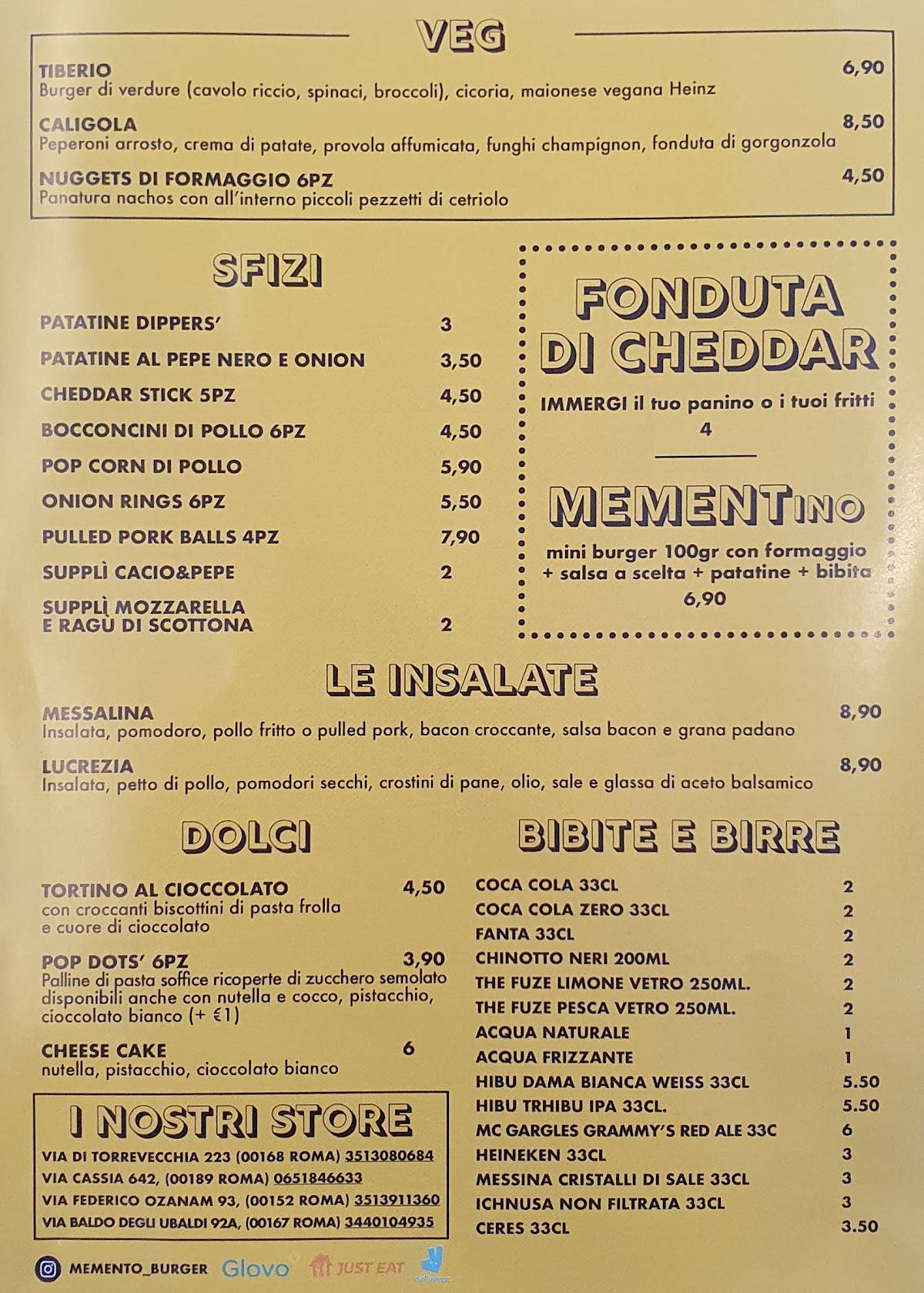 Carta del restaurante Memento Burger Cassia, Roma