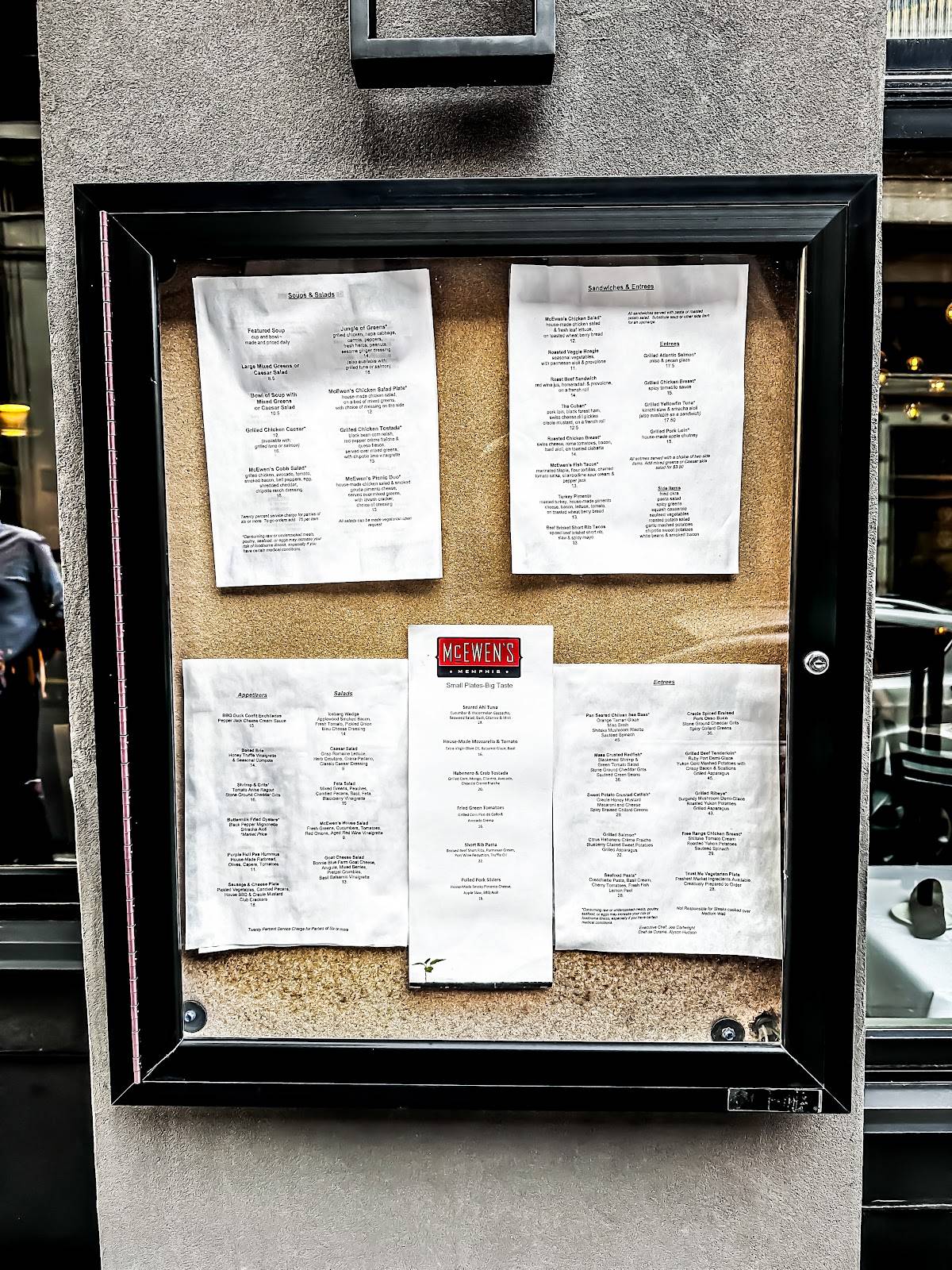 Menu at McEwen's restaurant, Memphis