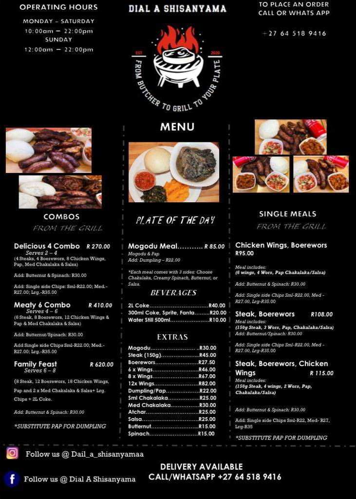 Menu at Menlyn Dial A Shisanyama restaurant, Pretoria