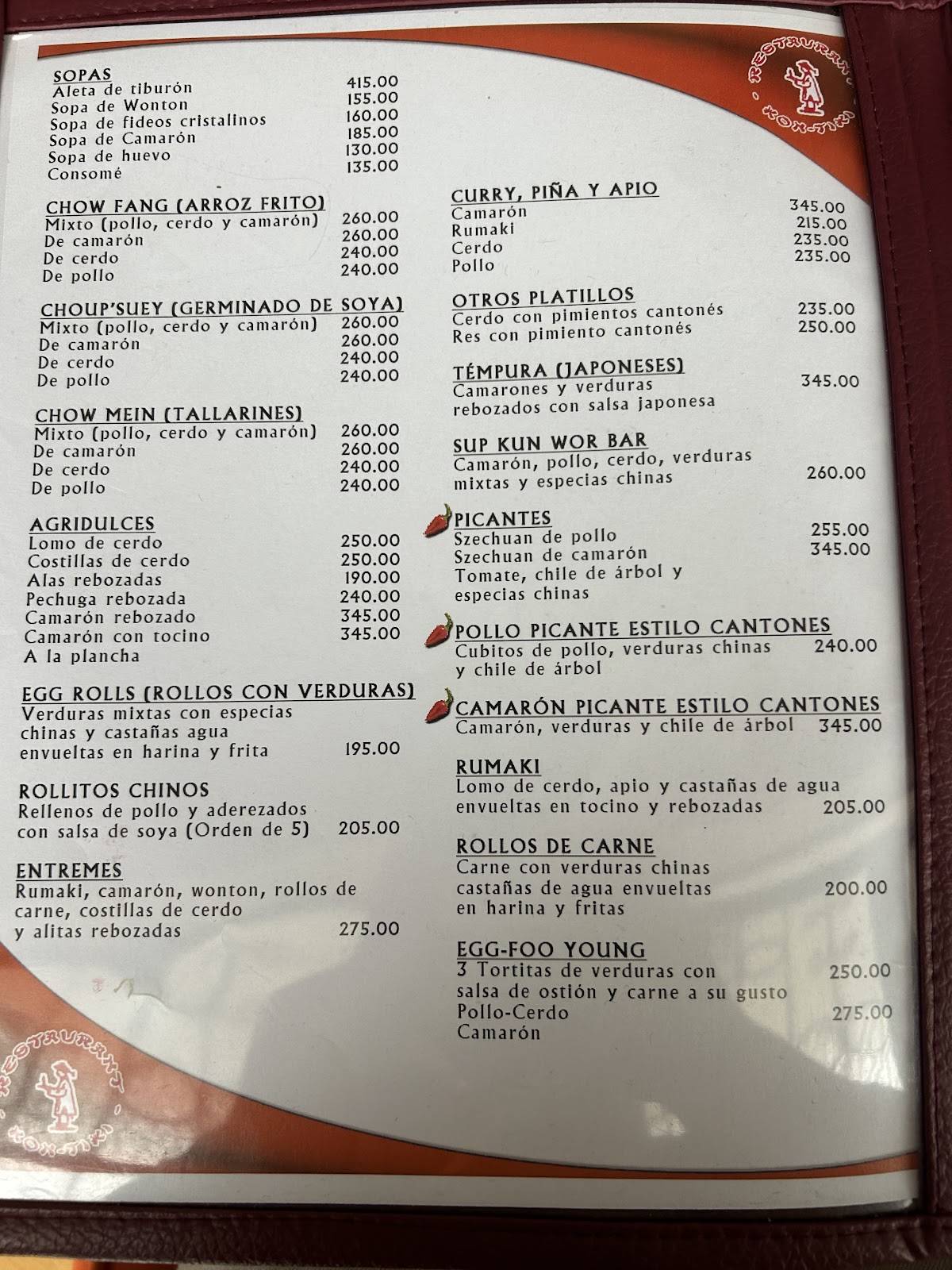 Carta del restaurante Kon tiki, Merida