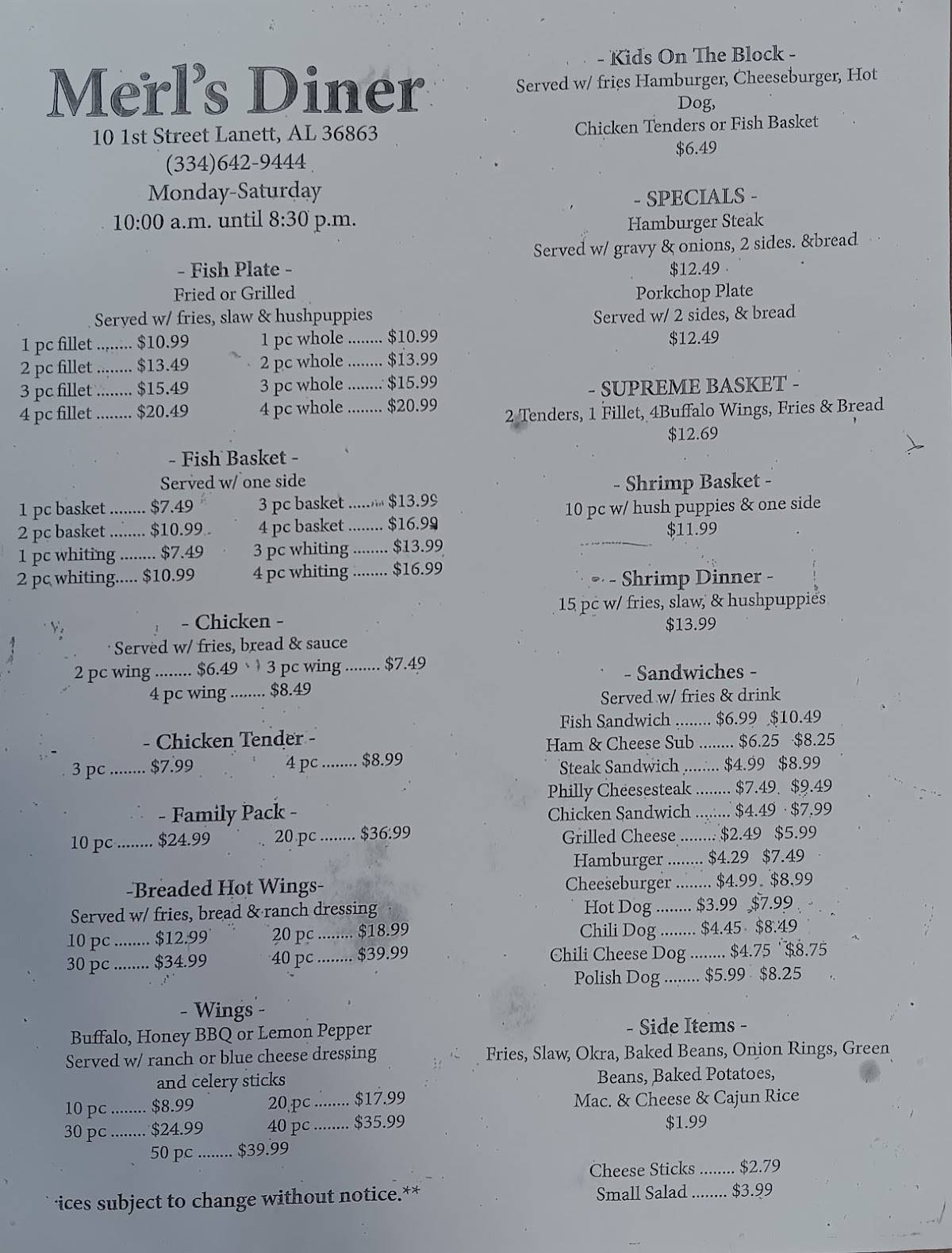 Menu at Merl's Diner fast food, Lanett, 10 1st St