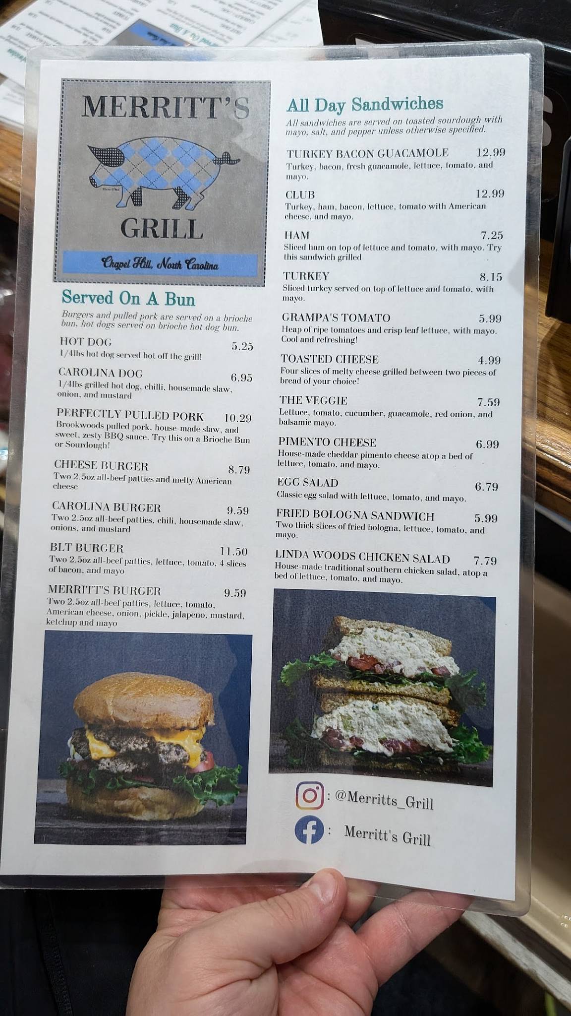 Menu at Merritt's Grill restaurant, Chapel Hill