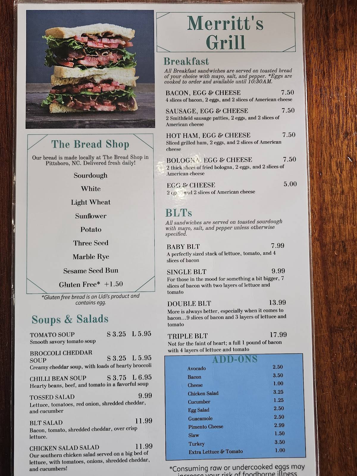 Menu at Merritt's Grill restaurant, Chapel Hill