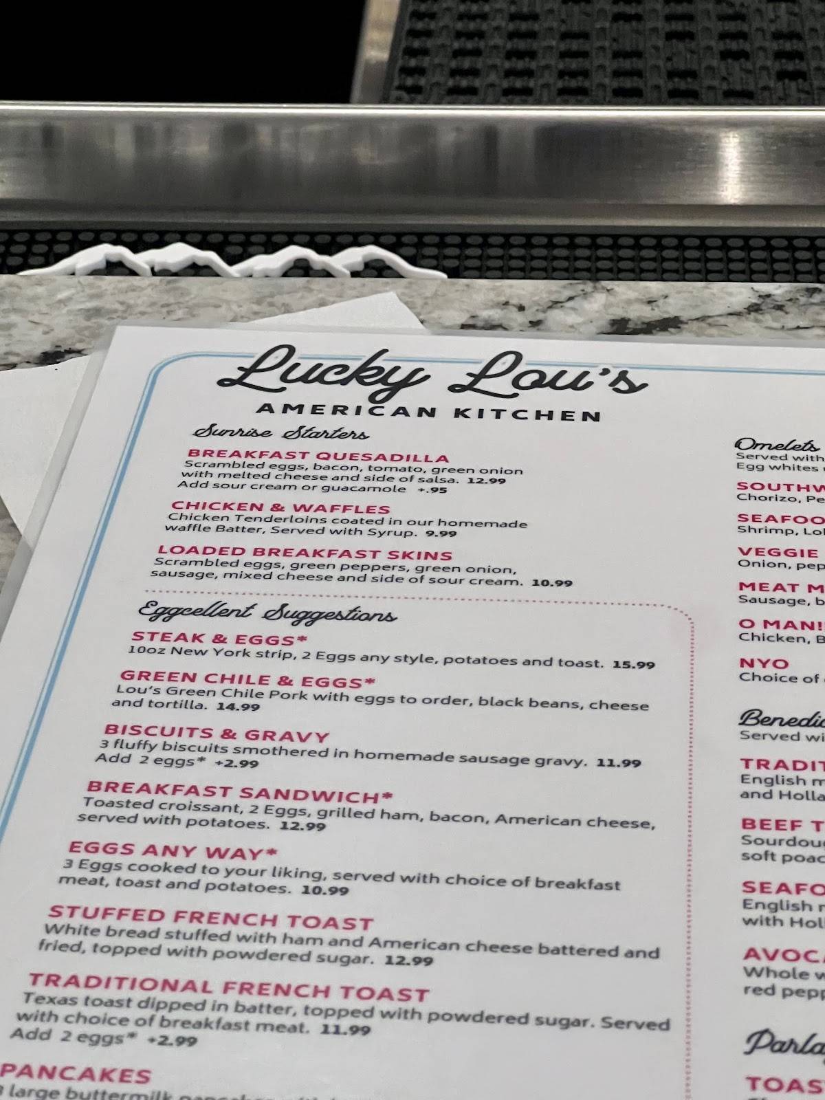Menu at Lucky Lou’s American Kitchen restaurant, Mesa